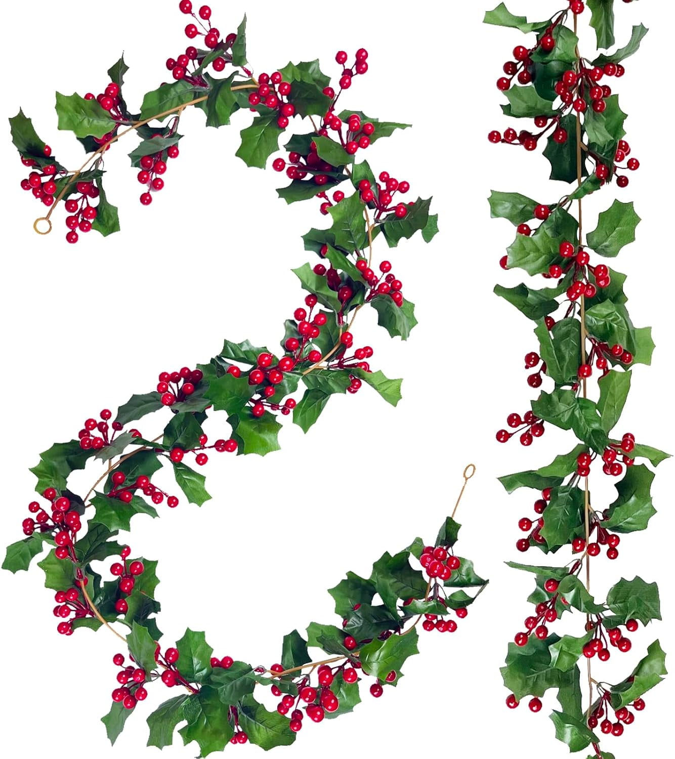 2 Pack Christmas Garland Decorations, 11Ft Holly Leaves with Red Berry ...