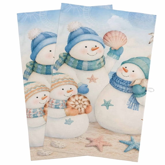 2 Pack Christmas Kitchen Towels Coastal Blue Snowman Family Seashell ...