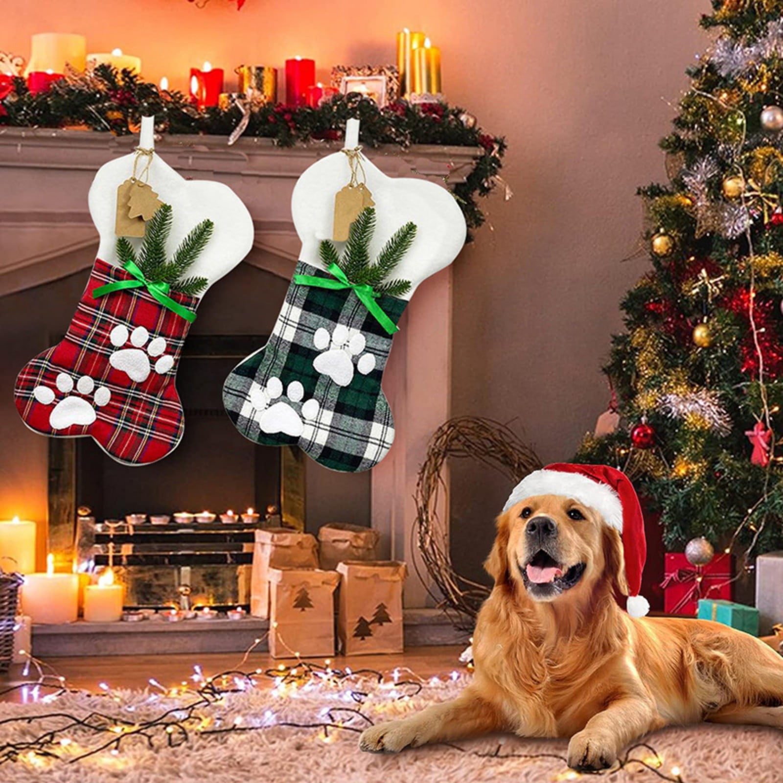 2 Pack Christmas Pet Dog Stockings Christmas Buffalo Plaid Stockings ...
