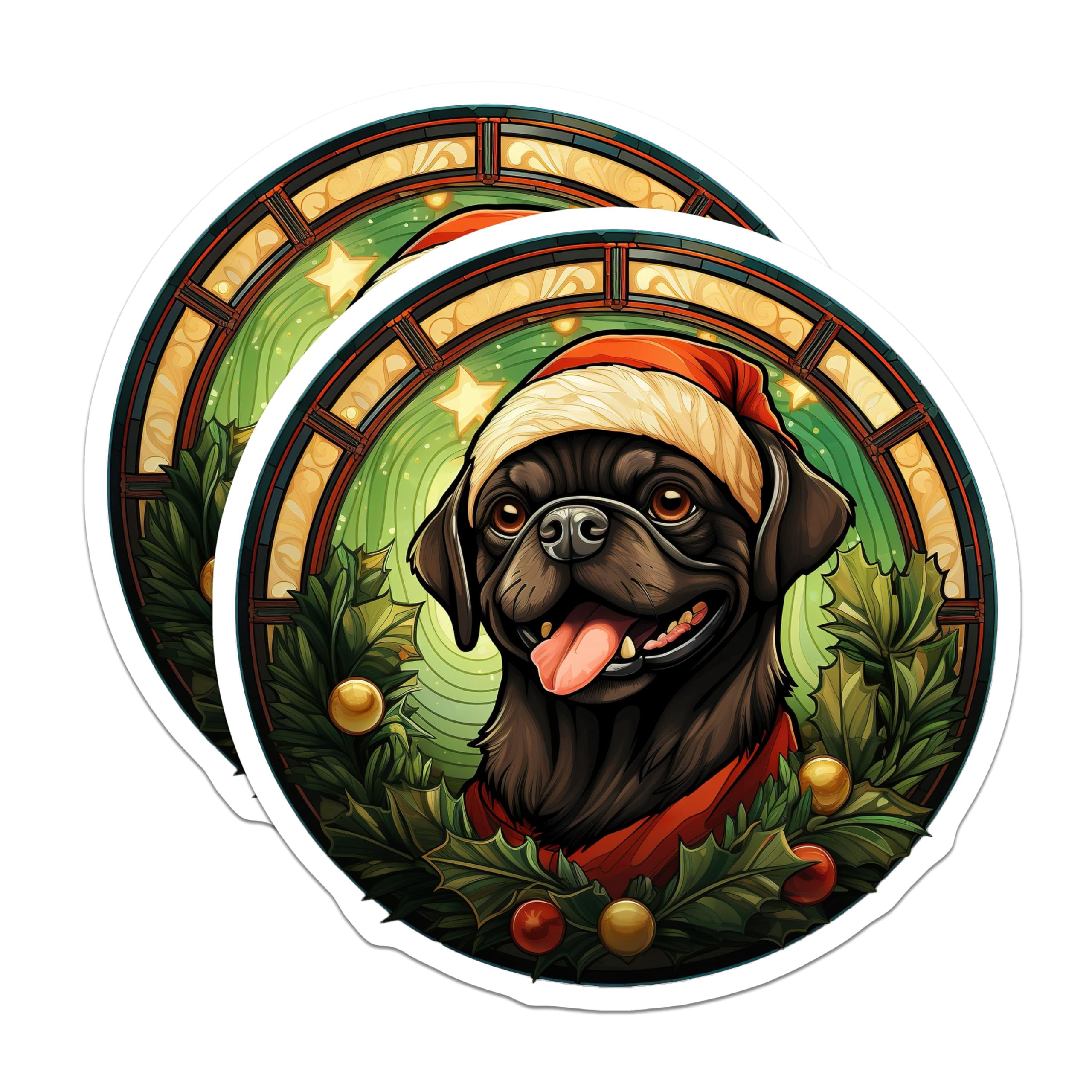 (2 Pack) Christmas Pug Stickers - Stained Glass Dog Art - Holiday Pet ...