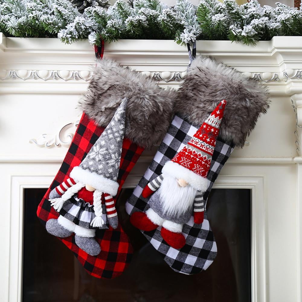 2 Pack Christmas Stockings, Buffalo Plaid Stocking with 3D Gnomes Santa ...