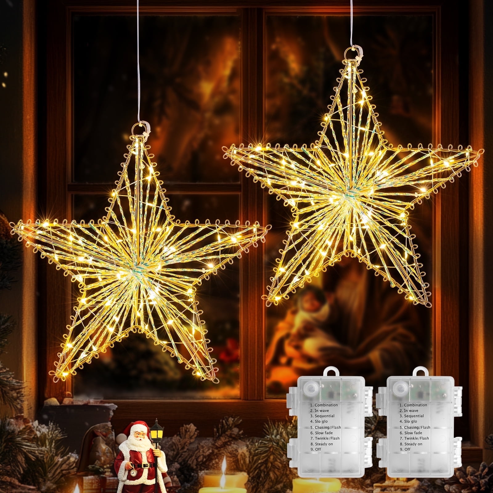 Quntis 3D Pentagram Star Lights, 50LED Warm White Christmas Window ...