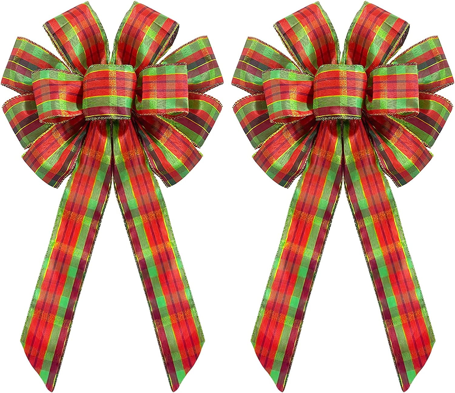 2 Pack Christmas Wreath Bow Glitter Red Green Plaid Burlap Bow Xmas ...