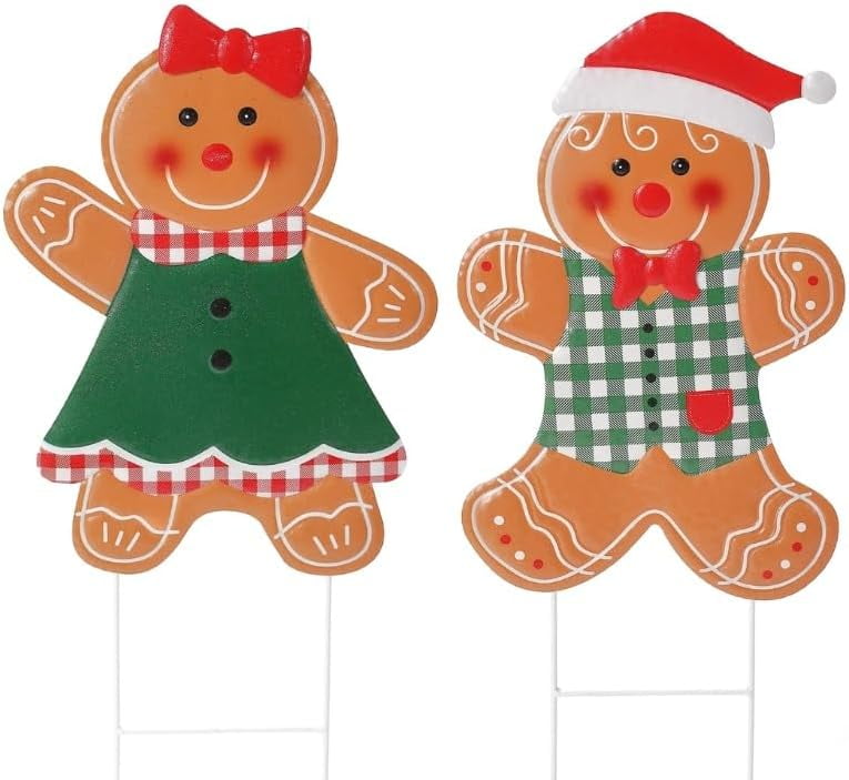 2 Pack Christmas Yard Signs, Metal Gingerbread Yard Stakes, Outdoor ...