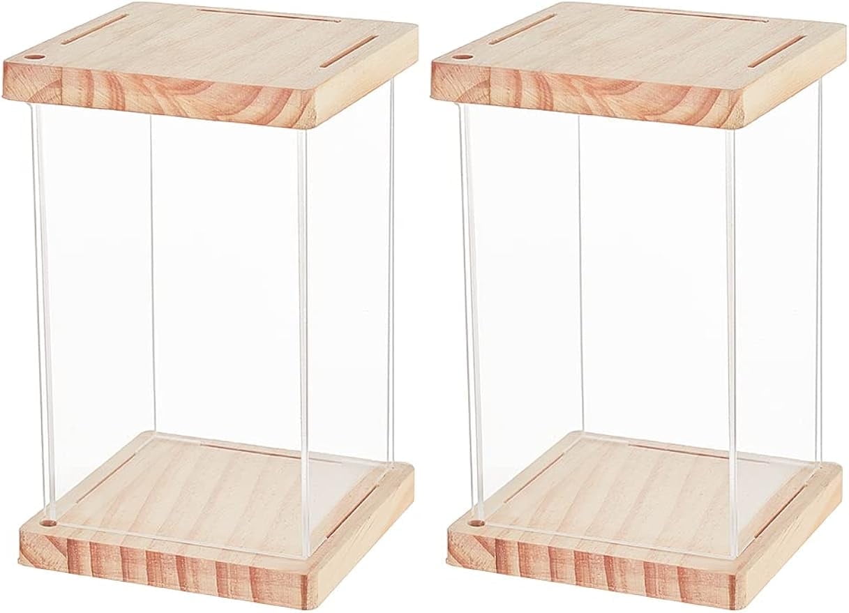 2 Pack Clear Acrylic Display Case with Wooden Base Dustproof Boxes for ...