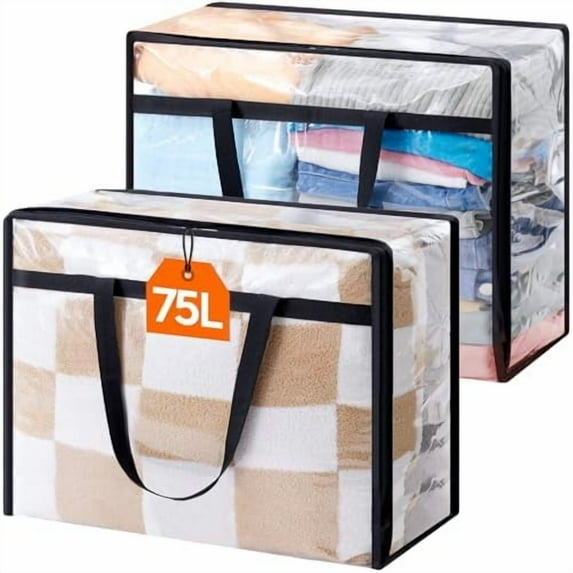 2 Pack Clear Clothes Storage Bags, 75L Large Plastic Blanket Storage ...
