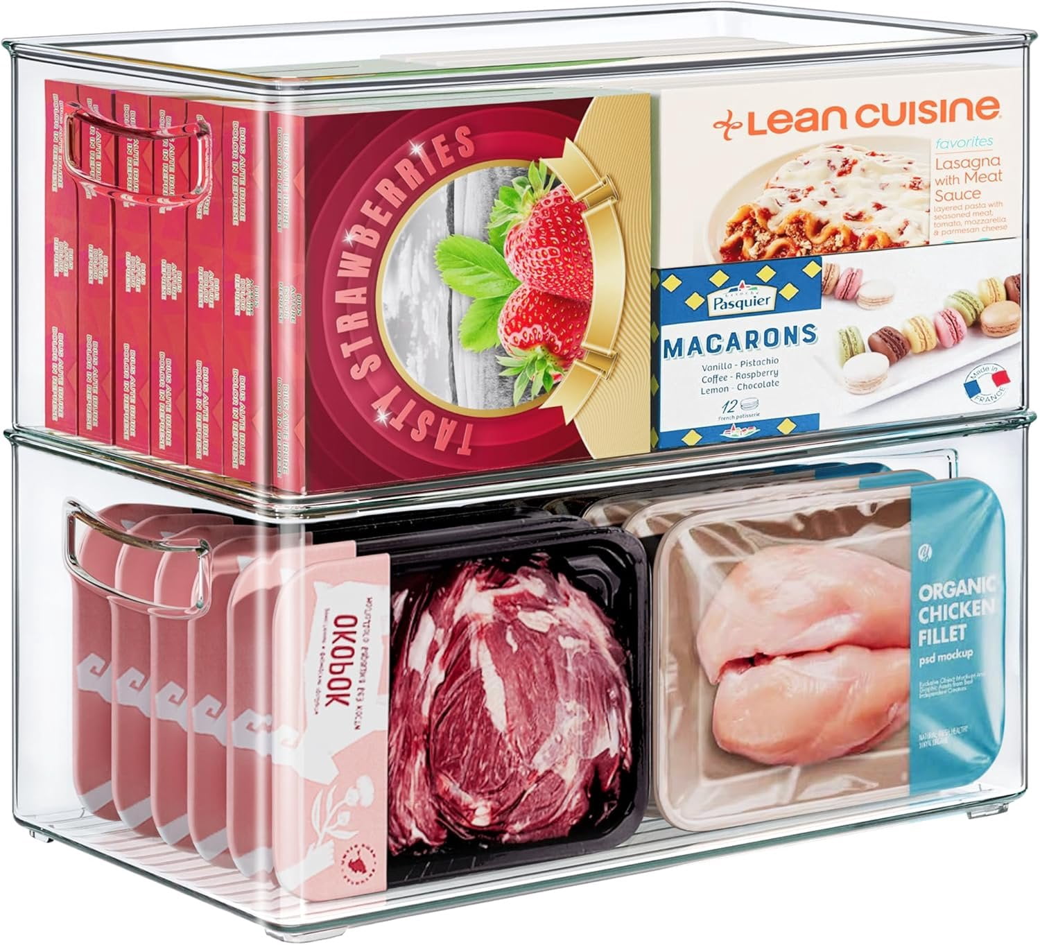 2 Pack Clear Freezer Organizer Bins Stackable Storage Bins with Side ...