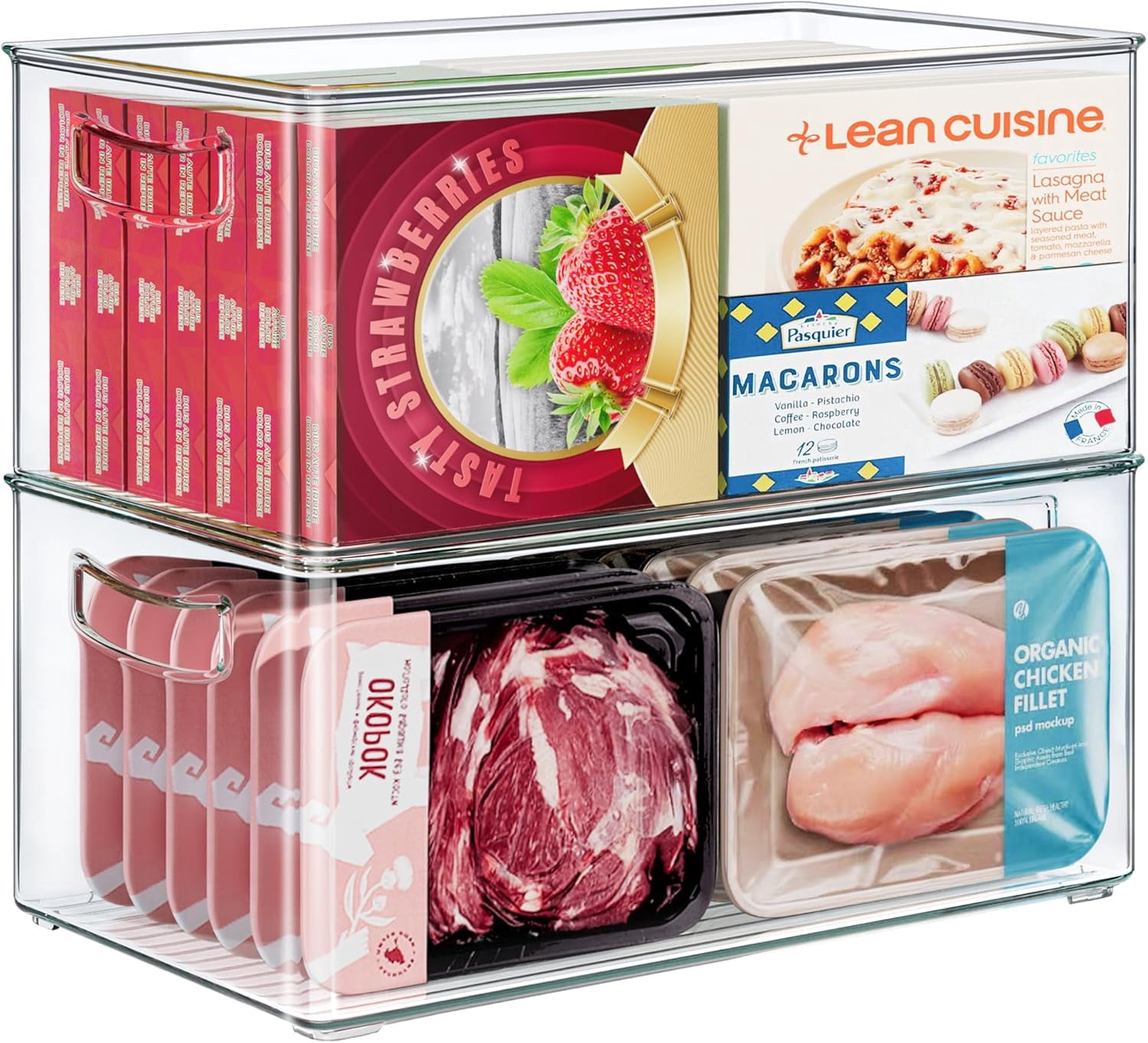 2 Pack Clear Freezer Organizer Bins Stackable Storage Bins with Side ...