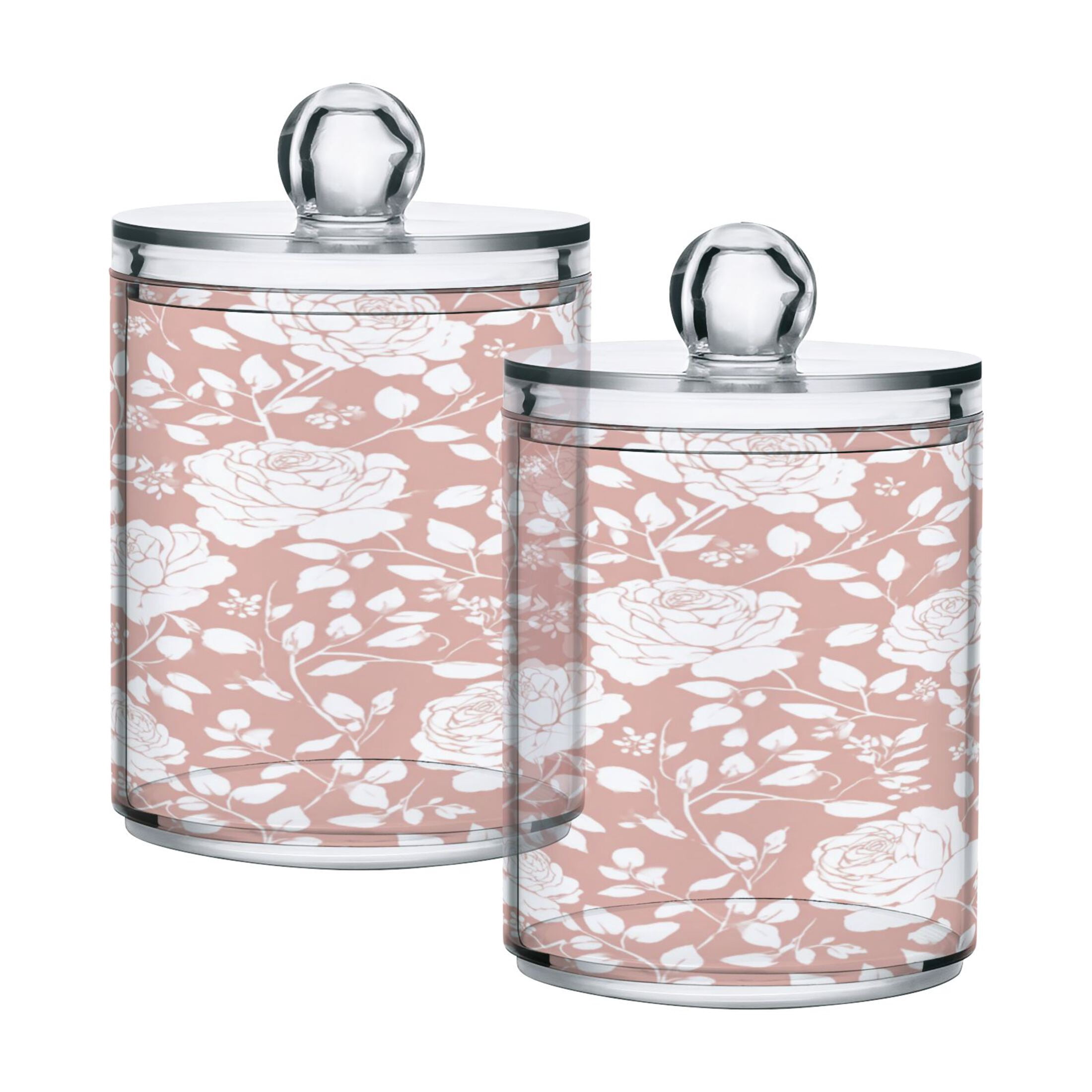 2 Pack Clear Plastic Bathroom Canisters Dusty Pink Rose Print Storage ...