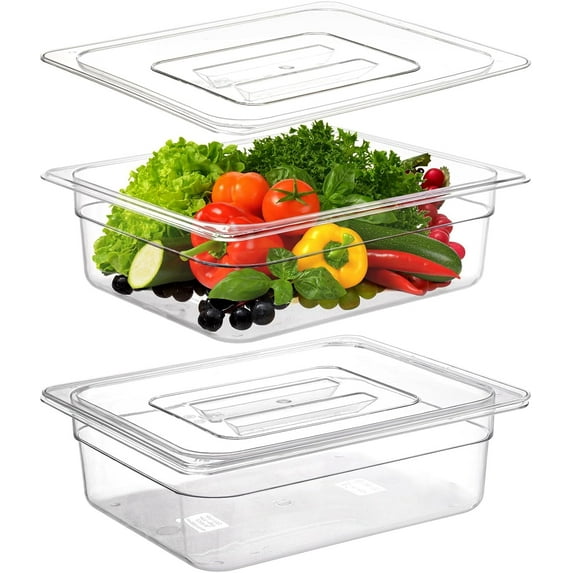 2 Pack Clear Polycarbonate Food Pans with Lids, Half Size 4 Inch Deep ...