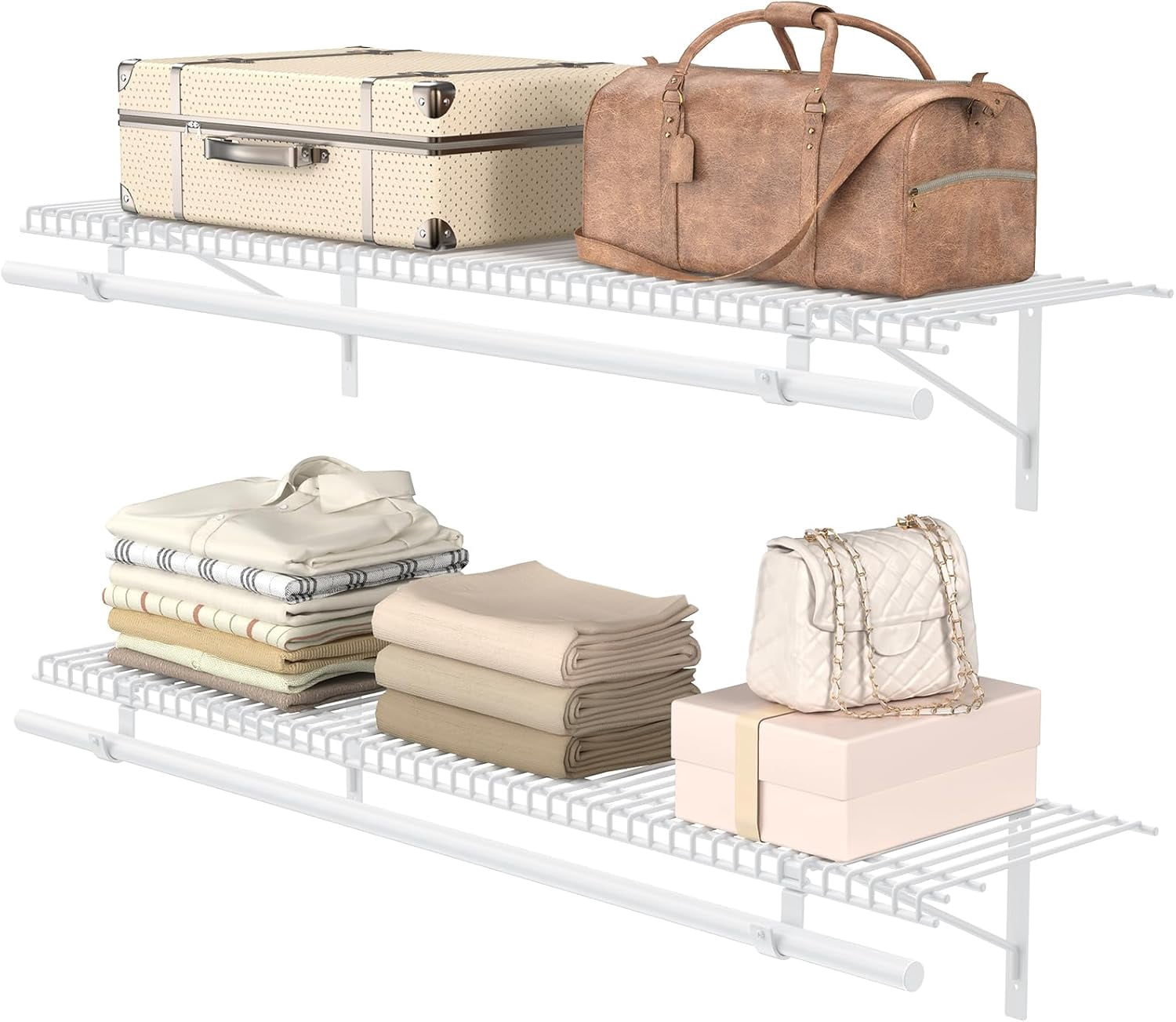 2 Pack Closet Shelves with Triangular Brackets and Hanging Rod, 4FT X ...