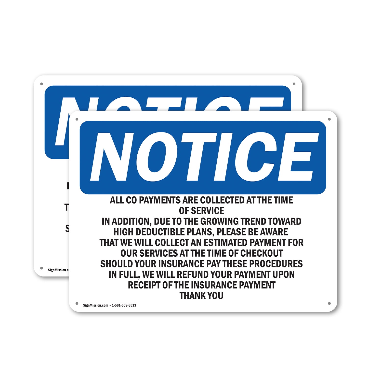 (2 Pack) All Co-Payments Are Collected At The Time OSHA Notice Sign 14 ...