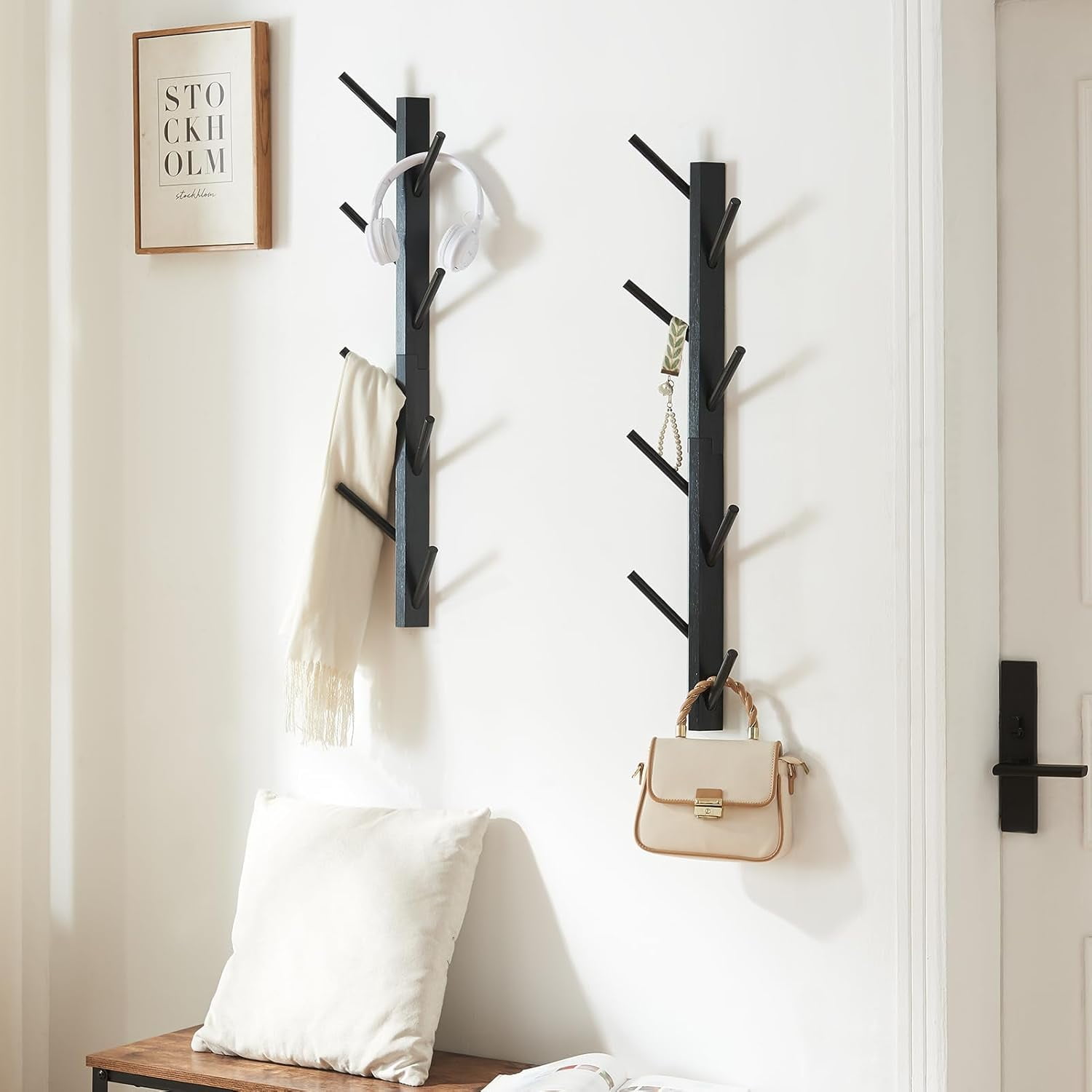 2 Pack Coat Rack Vertical Wall Mount, Bamboo Coats Hooks Clothes Holder ...