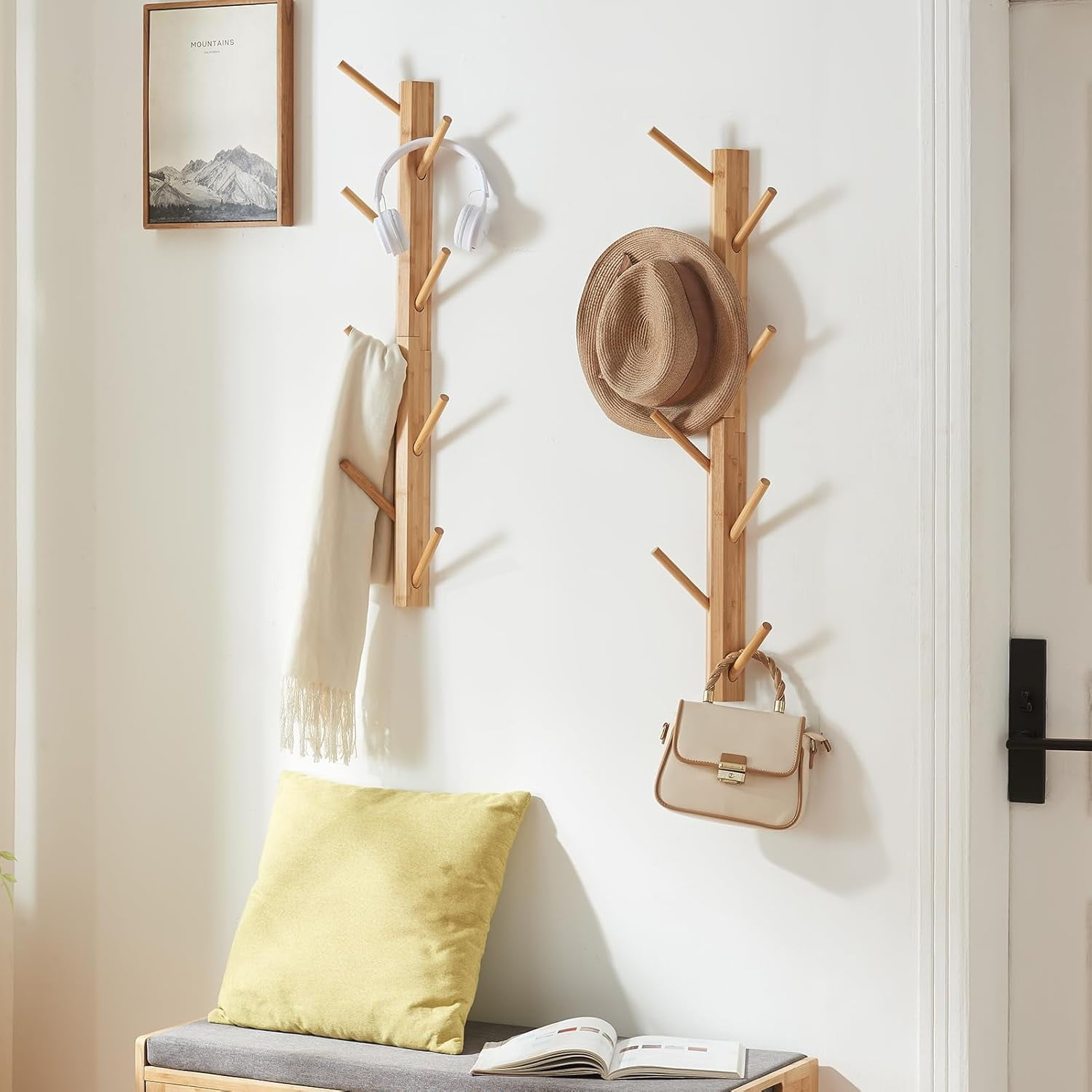 2 Pack Coat Rack Vertical Wall Mount, Bamboo Coats Hooks Clothes Holder ...