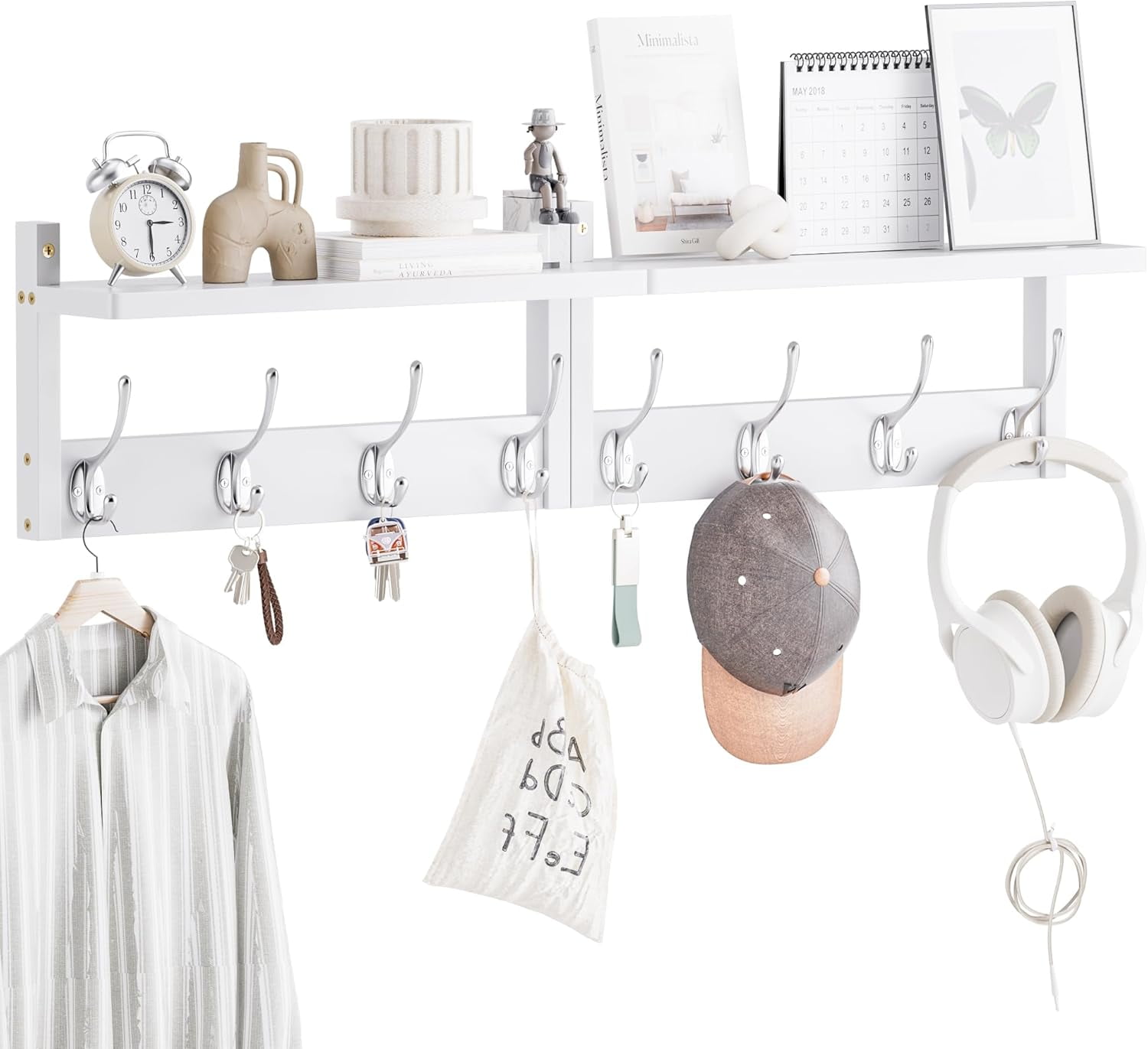 2 Pack Coat Rack Wall Mount, Bamboo Coat Hook with Storage Shelf, Coat ...