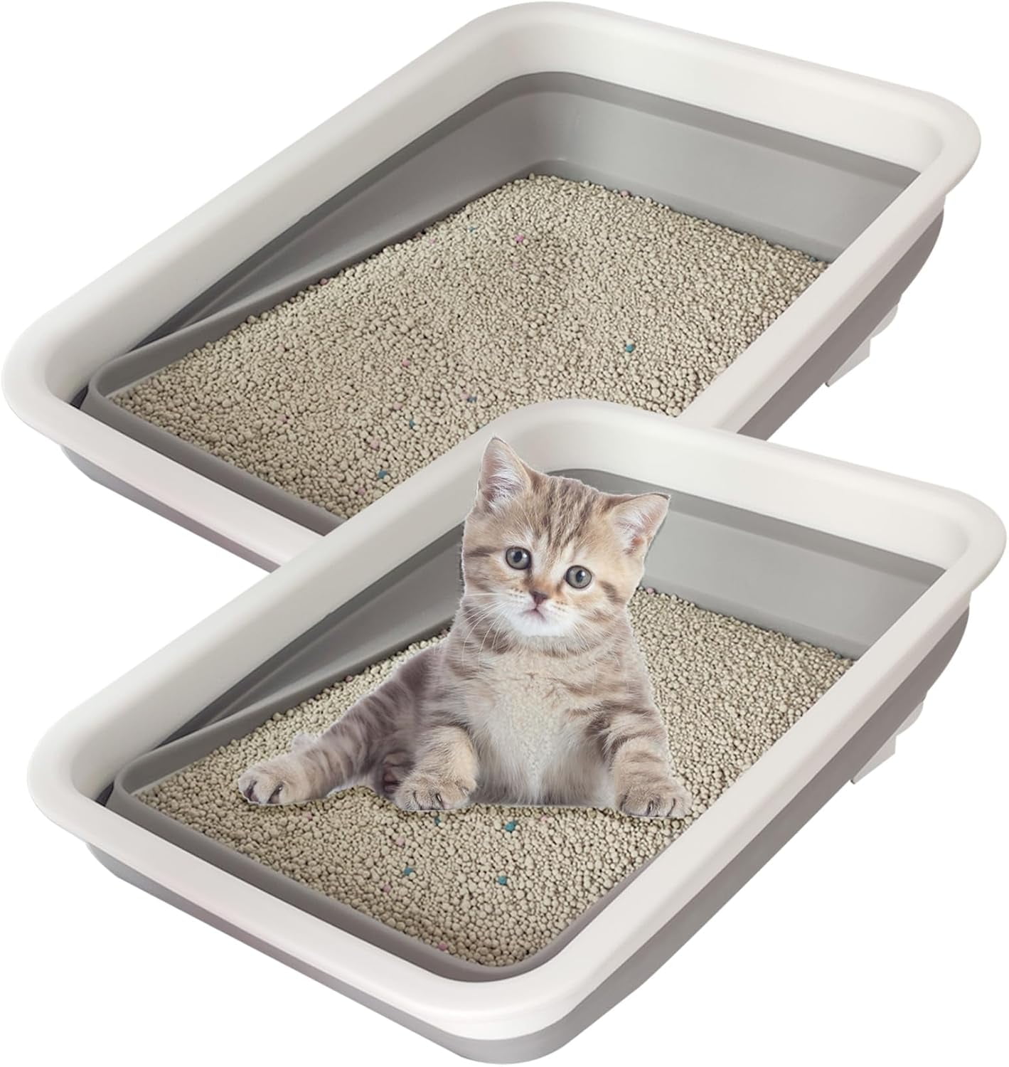 2 Pack Collapsible Small Cat Litter Box, Open Kitten Litter Potty Pan Low Entry Pet Kitty Toilet ...