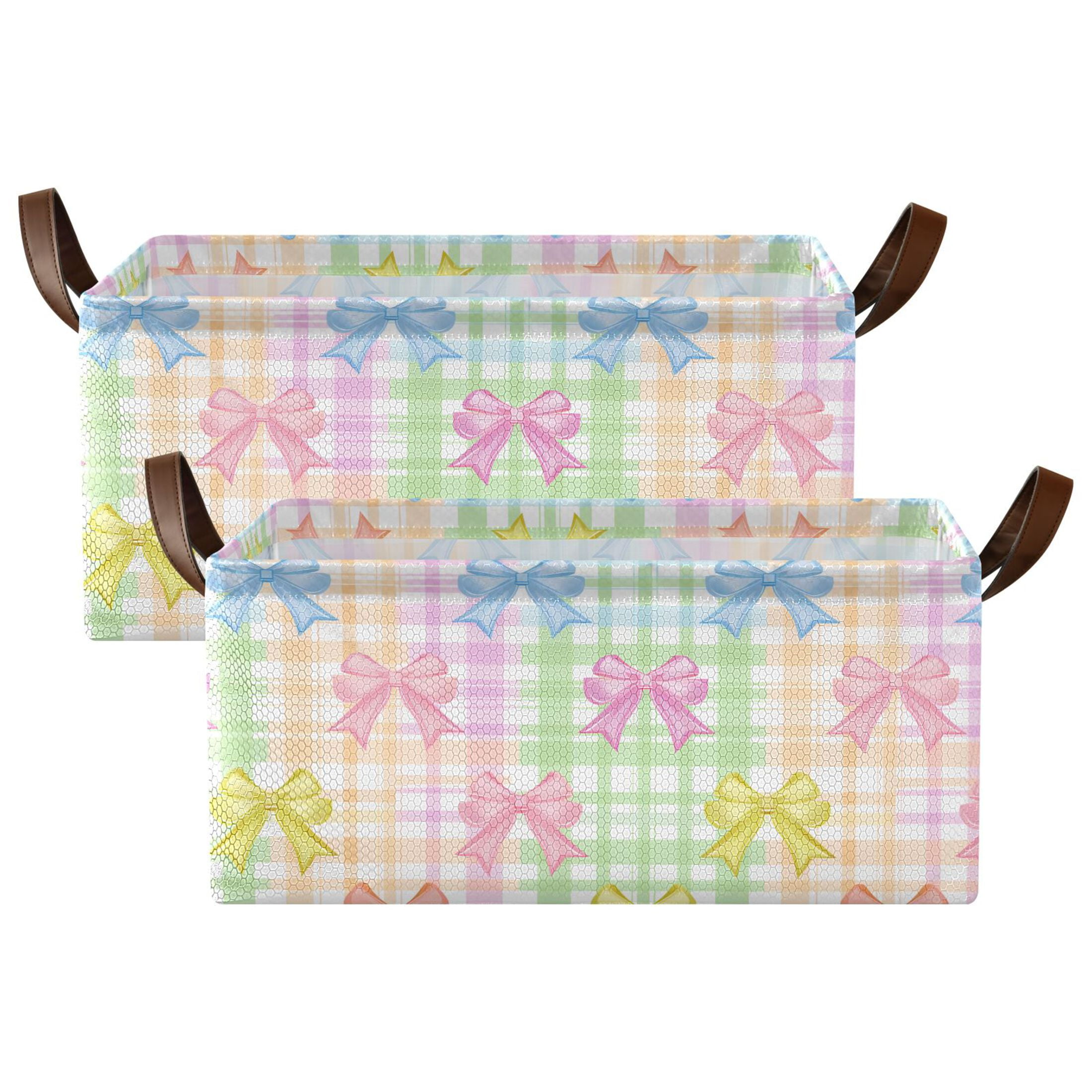 2 Pack Collapsible Storage Bins Fabric Shelf Baskets with Handles Closet Organizer Cute Bows and ...