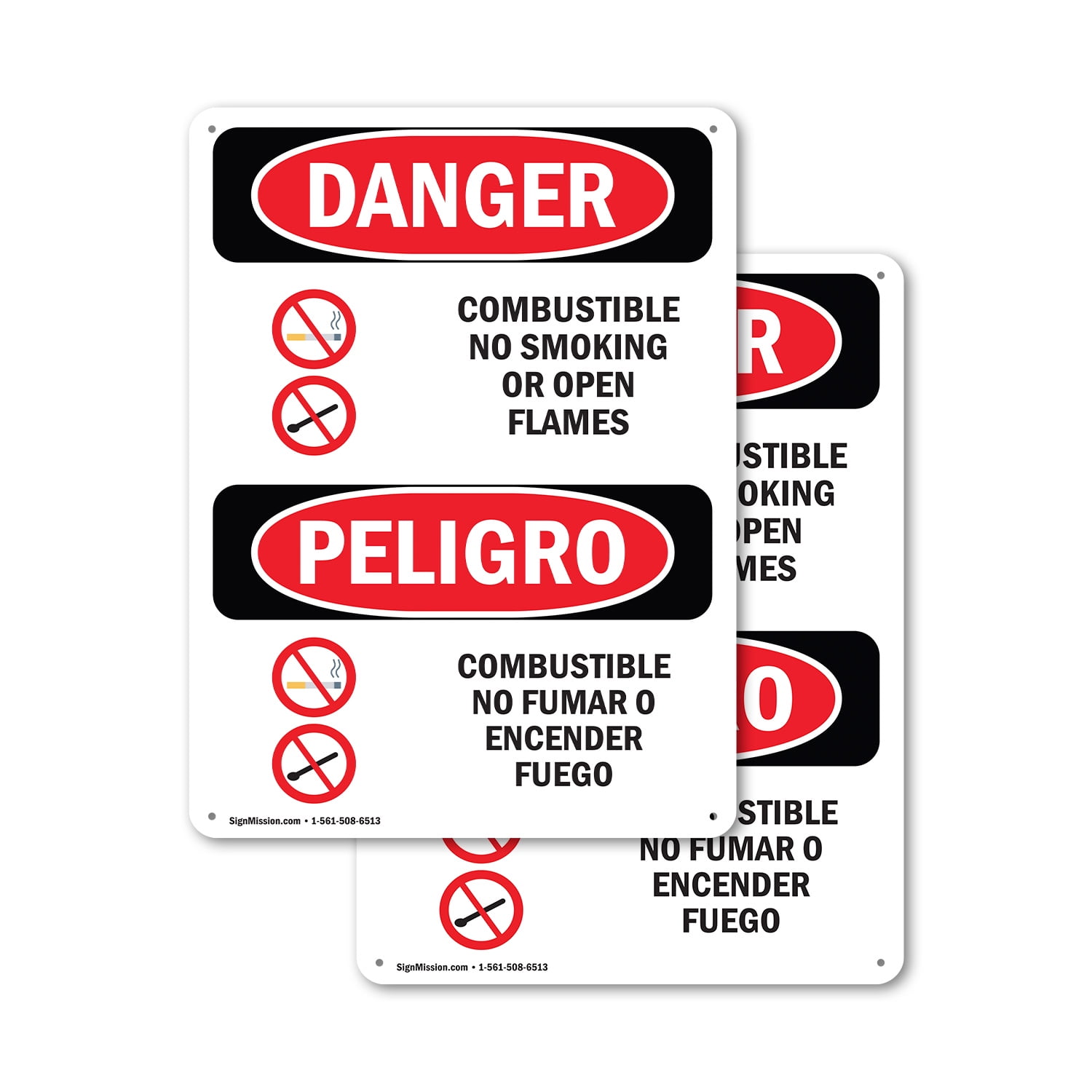 (2 Pack) Combustible No Smoking Open Flames Bilingual OSHA Danger Sign ...