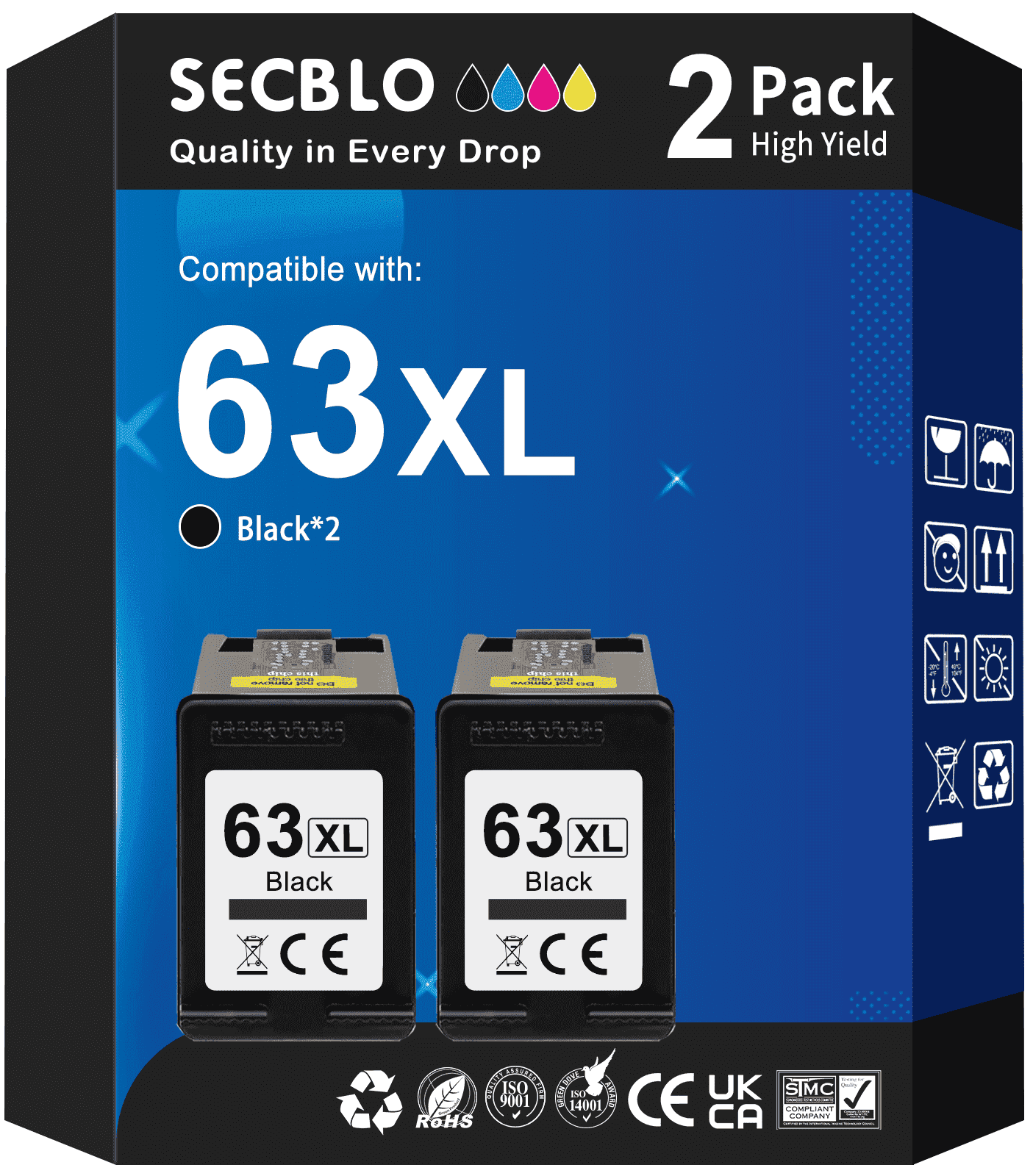 63XL Black Ink Cartridge Compatible for HP Black Ink 63 (2 Black ...