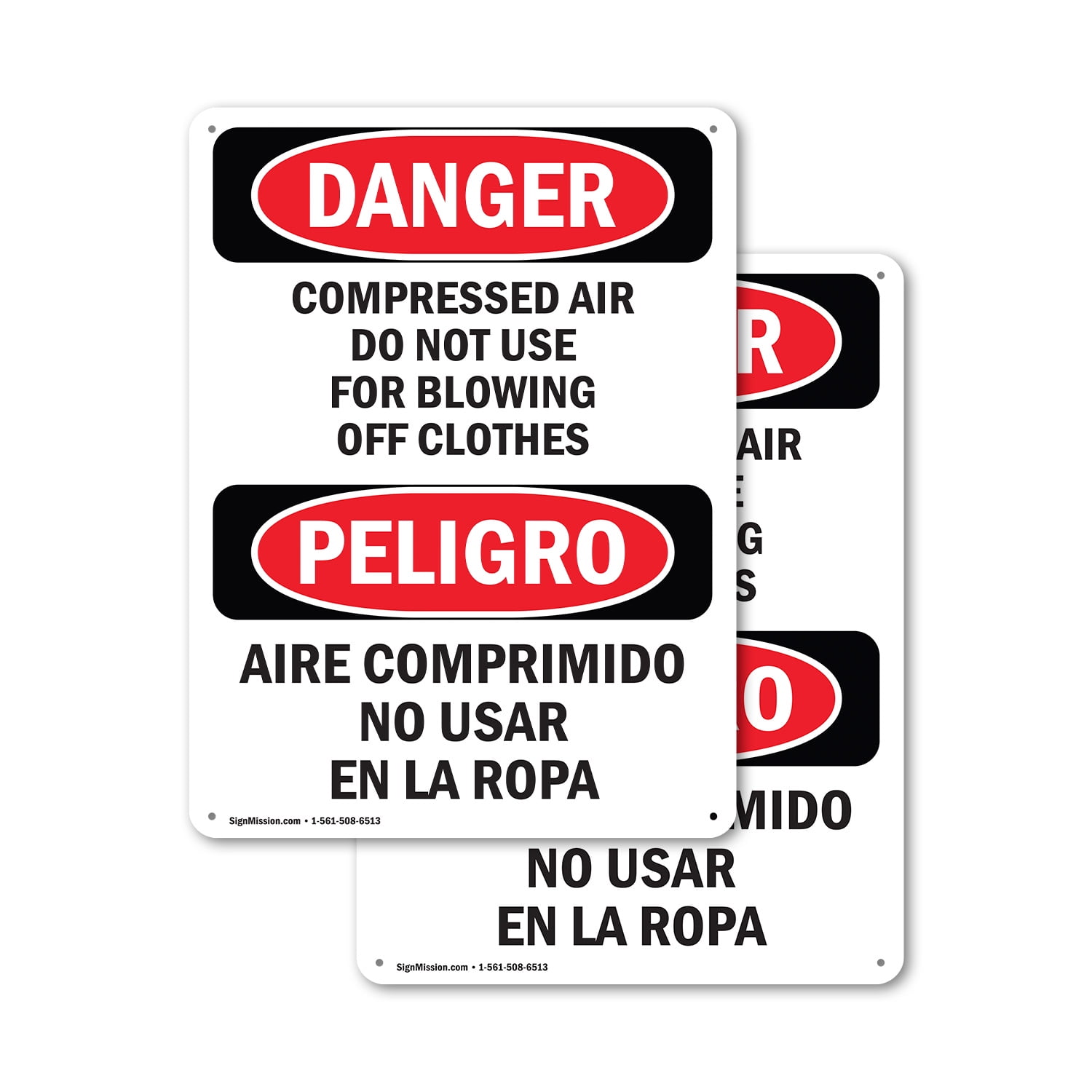 (2 Pack) Compressed Air Not For Clothes Bilingual OSHA Danger Sign 12 ...