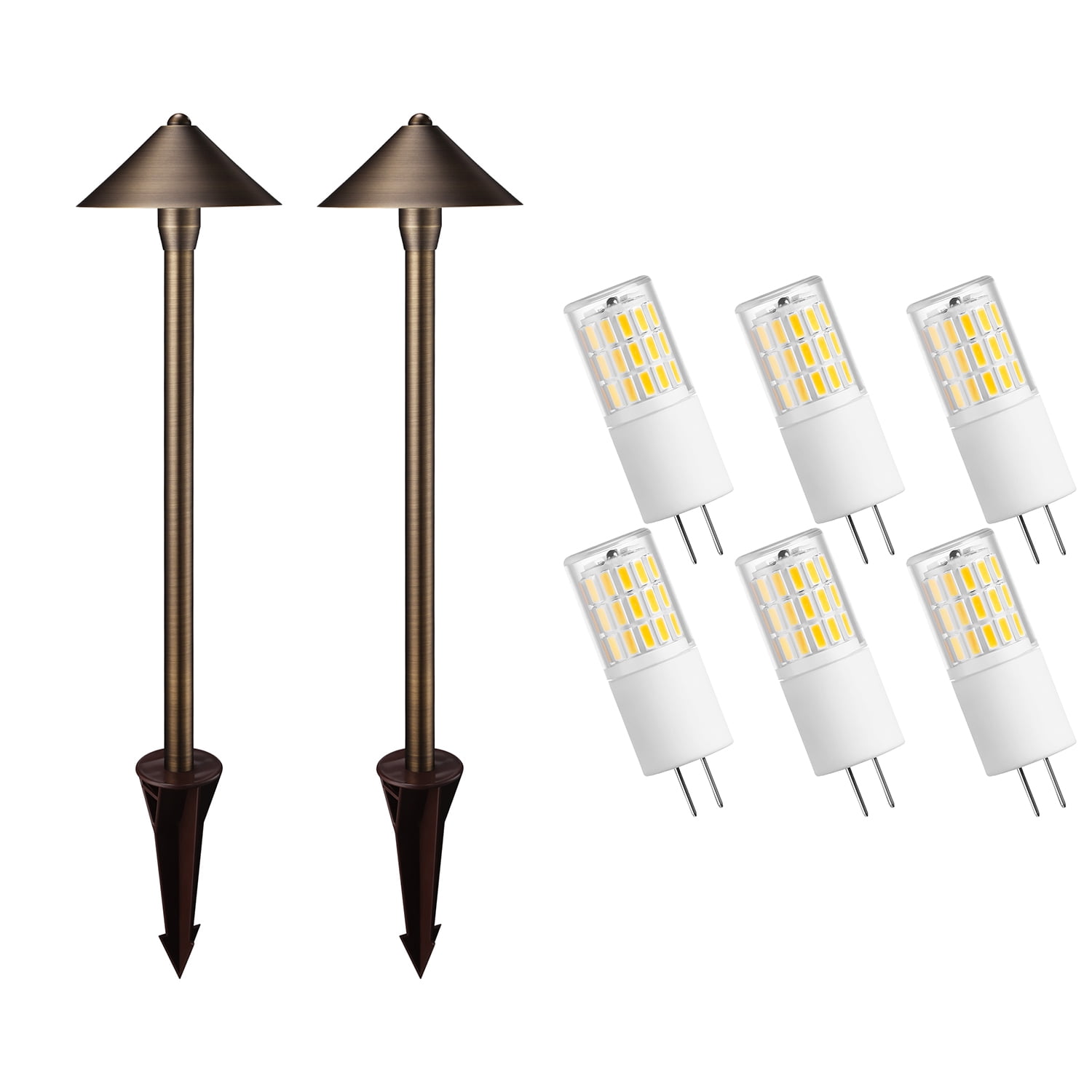 2 Pack Conehead Solid Cast Brass Pathway Lights + 6 Pack G4 LED Bulb ...