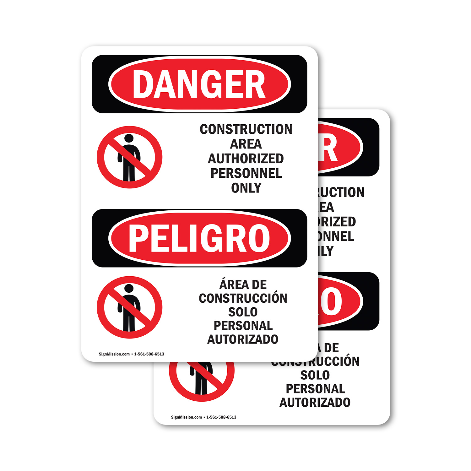 (2 Pack) Construction Area Authorized Only Bilingual OSHA Danger Sign ...