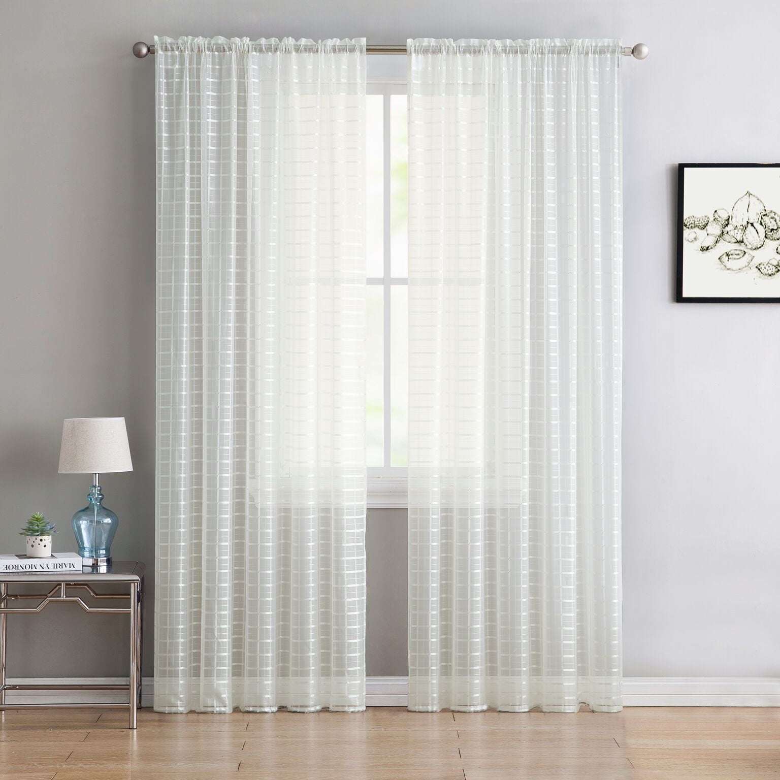 2 Pack: Contemporary Plaid Sheer Voile Window Curtains - Ivory ...