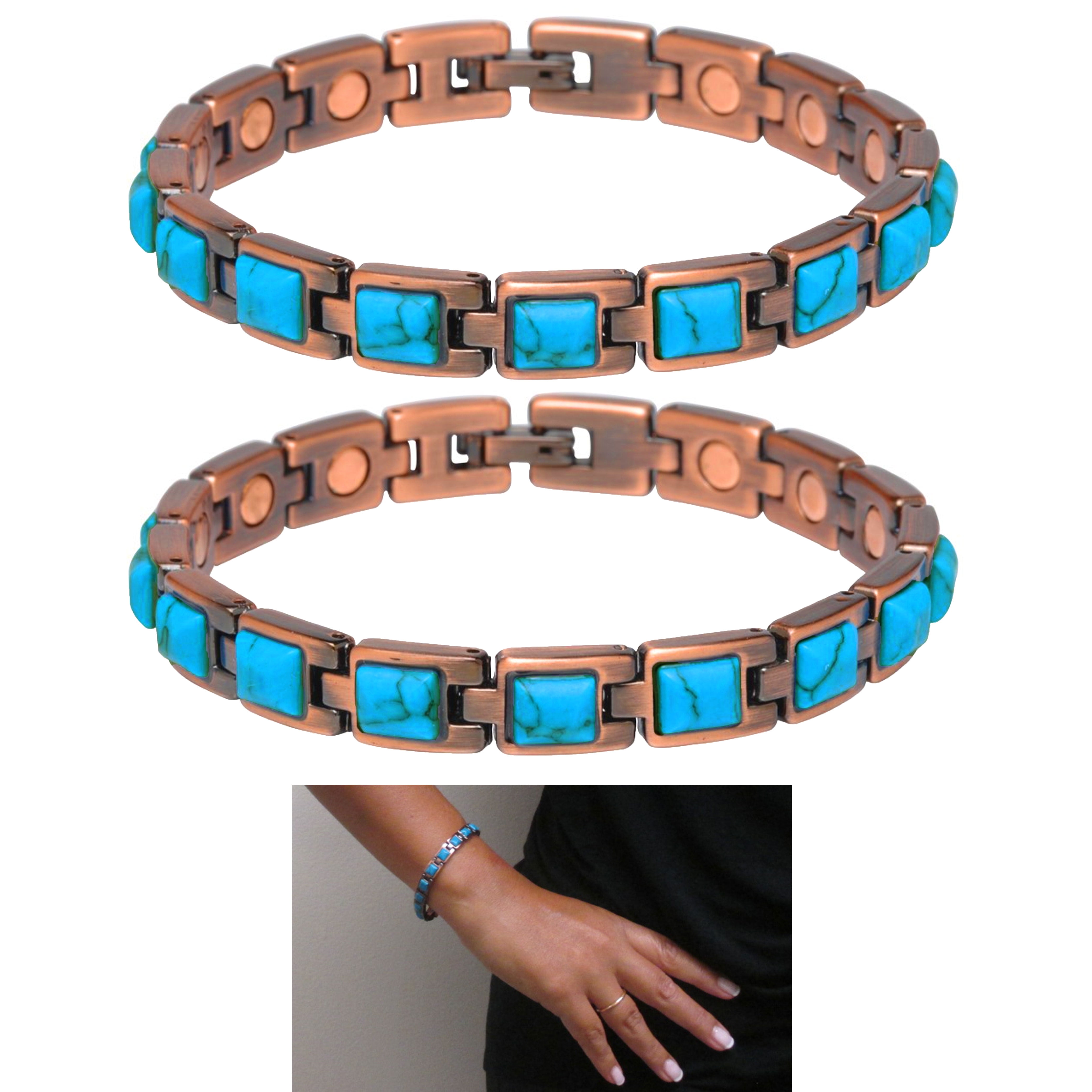 2 Pack Copper Bracelet Turquoise Gemstone Magnet Link Healing Energy ...