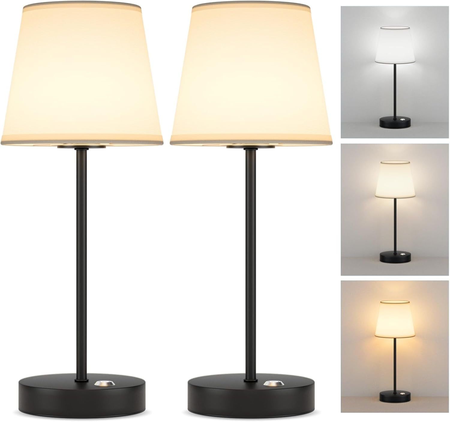 2 Pack Cordless LED Table Lamps, Battery Operated Fabric Shade Desk ...