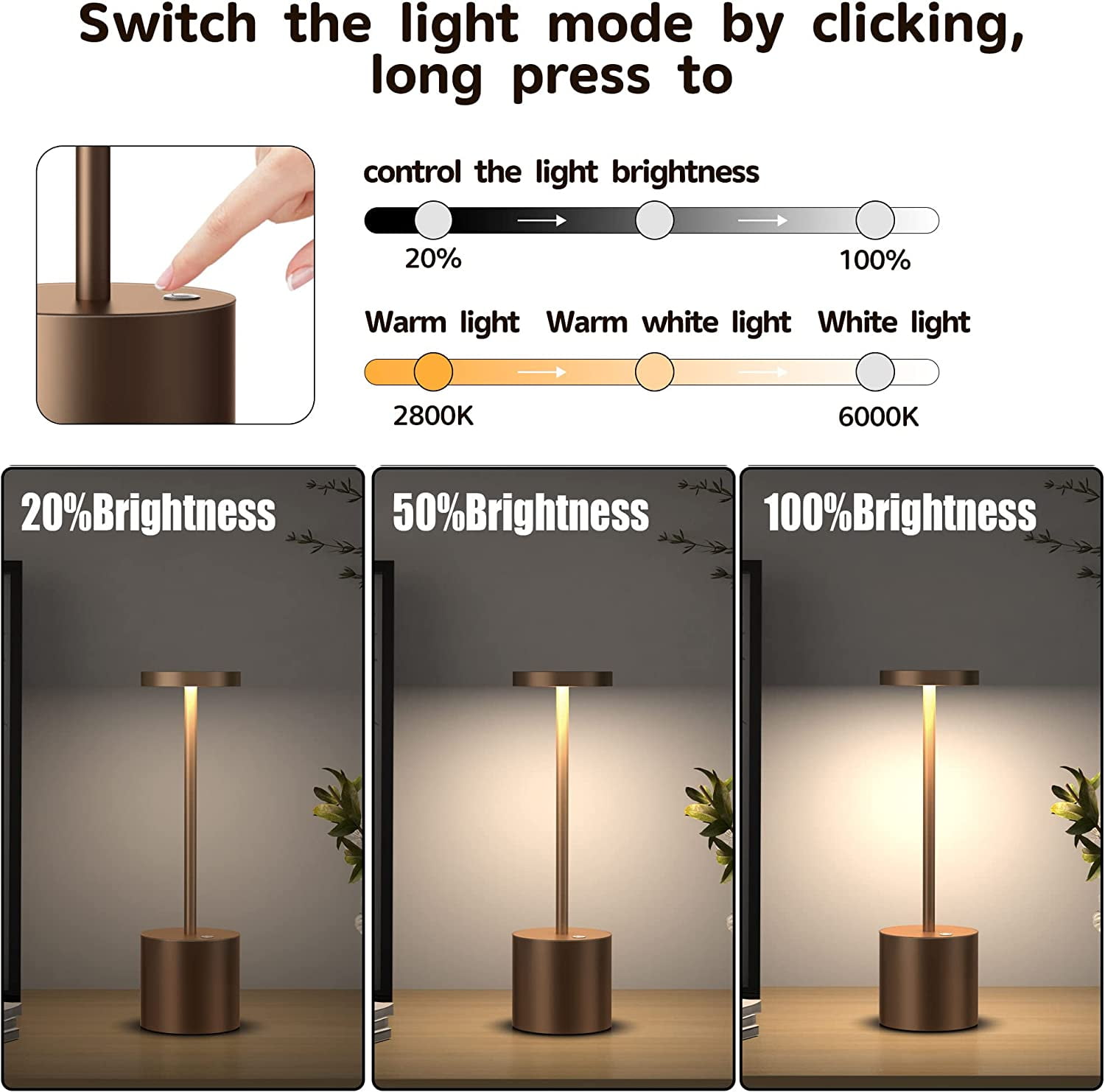 2 Pack Cordless Table Lamp, Rechargeable LED Battery 5000mAh Metal USB ...