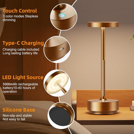 2 Pack Cordless Table Lamp Rechargeable - Waterproof, Touch 3-Color ...