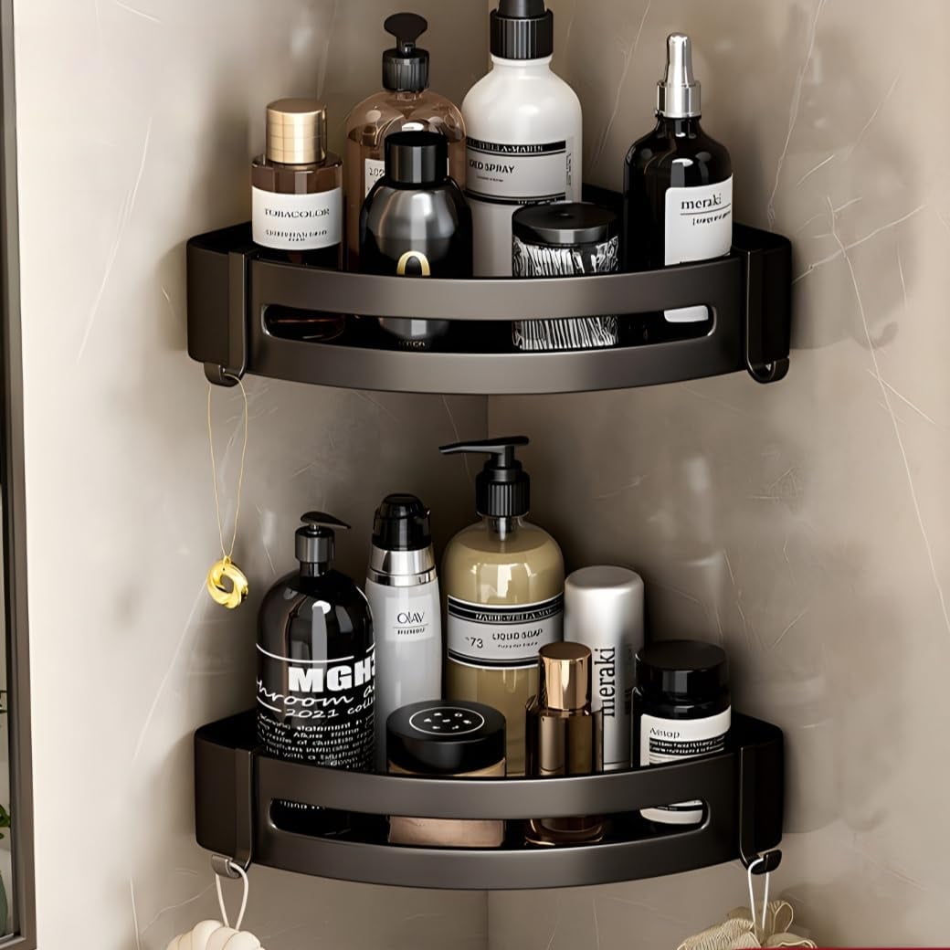 2 Pack Corner Shower Caddy with Hooks,No Drilling Aluminium Shower ...