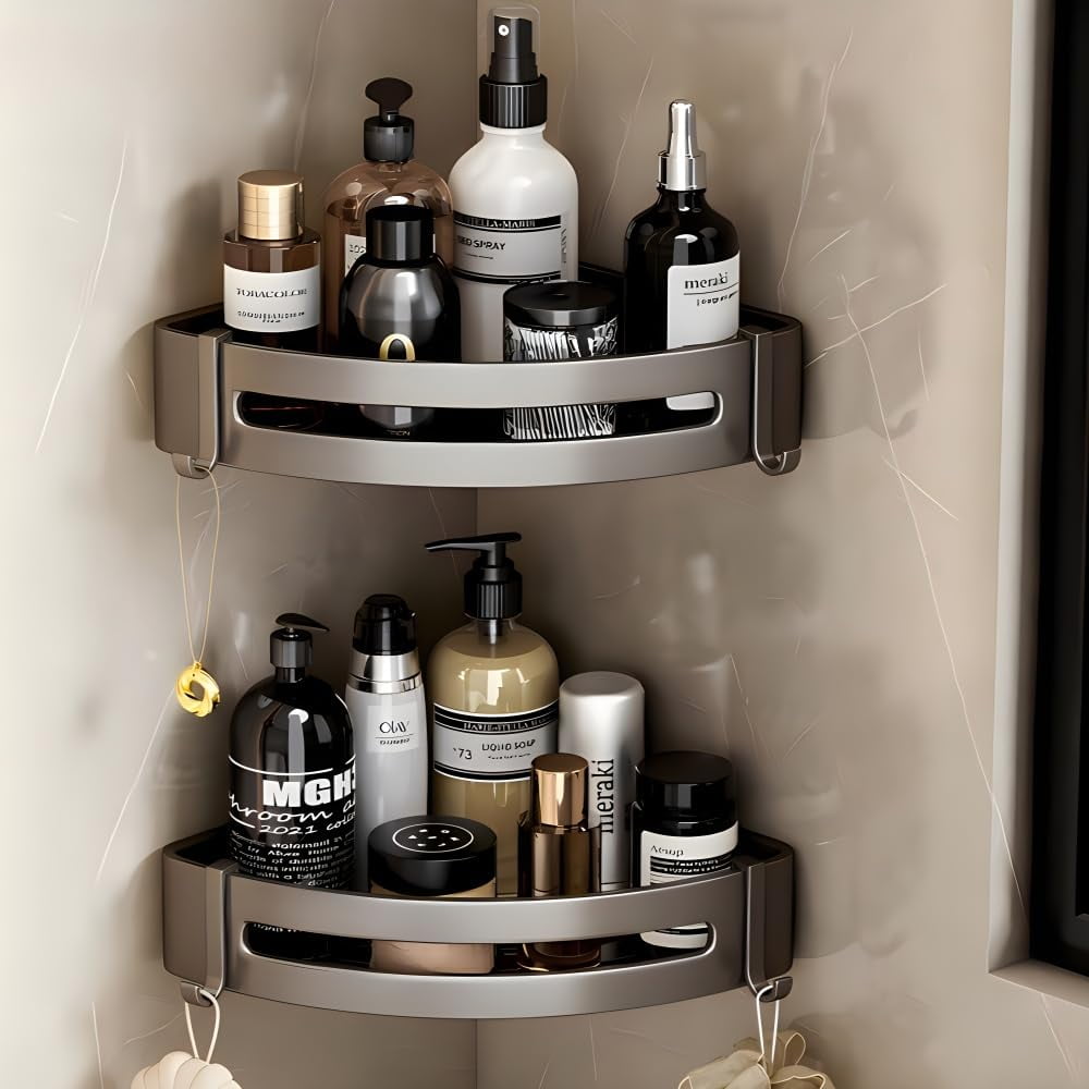 2 Pack Corner Shower Caddy with Hooks,No Drilling Aluminium Shower ...