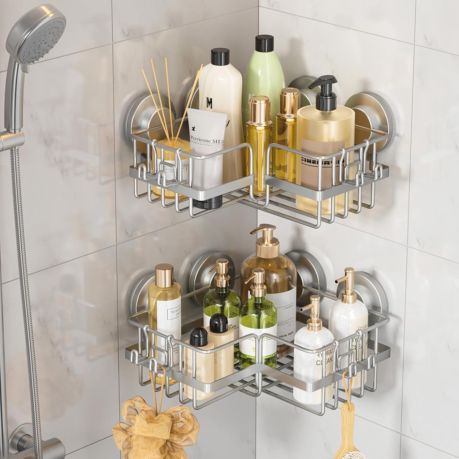 2 Pack Corner-adaptive Suction Cup Shower Caddies, Drill-Free Wall ...