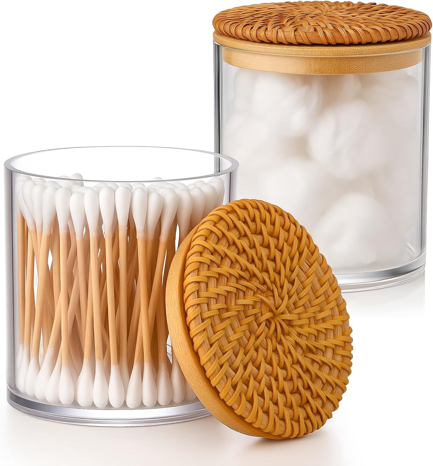 2 Pack Cotton Ball Holder Cotton Pad Holder with Rattan Lids Bathroom ...
