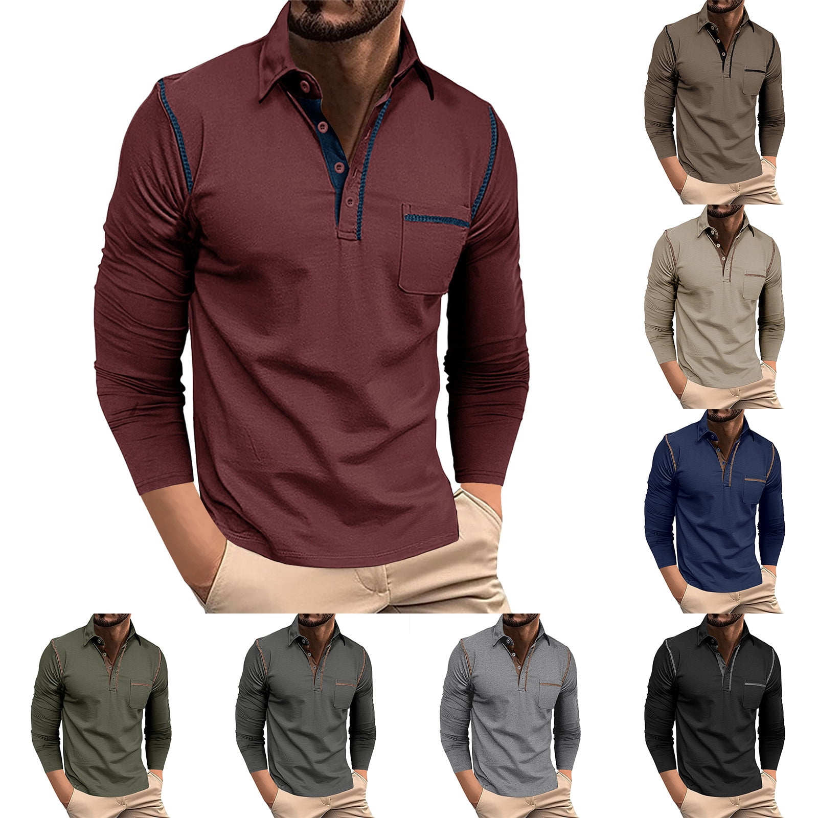 2 Pack Cotton Golf Shirts for Men with Pocket Long Sleeve Tshirts Shirt ...