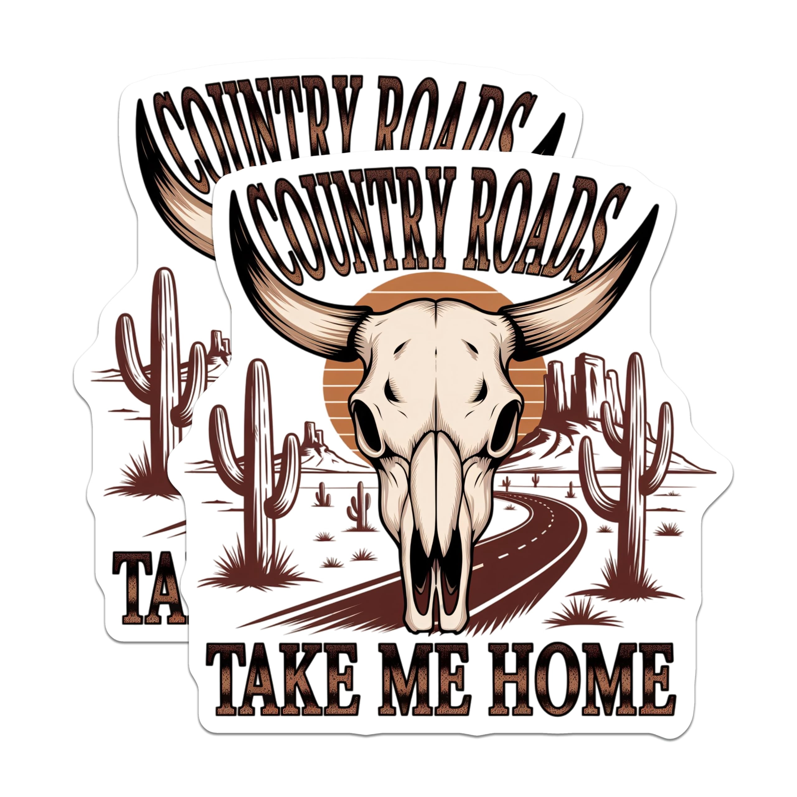 (2 Pack) Country Roads Take Me Home Stickers - Bull Skull Desert Art ...