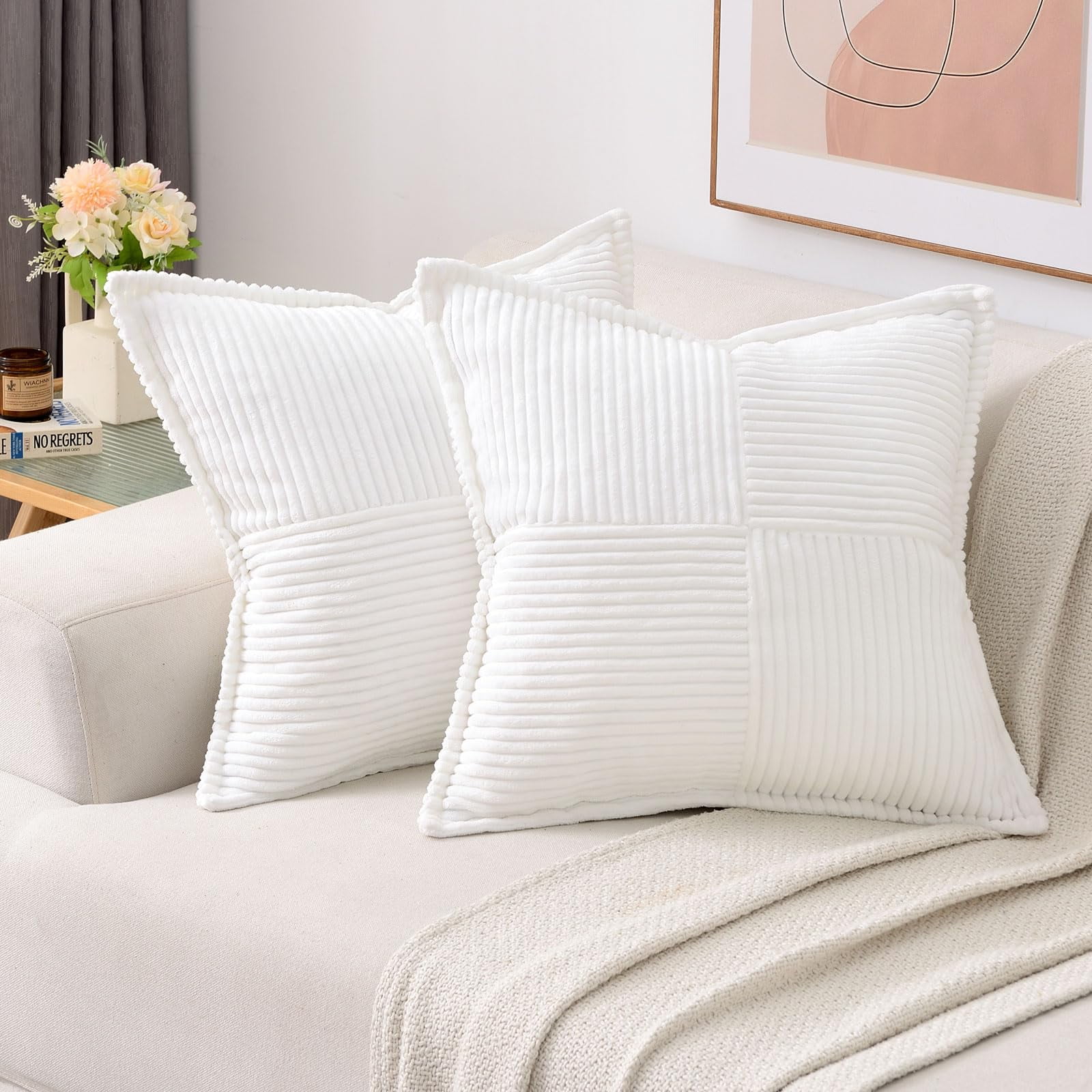 2 Pack Cream Corduroy Decorative Throw Pillow Covers 18 Inch x18 Inch ...