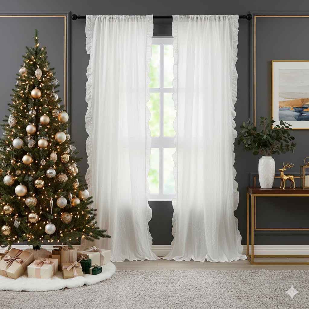 2-Pack Cream White Ruffle Sheer Curtain Panels, 40x95 Inches, Crinkled ...