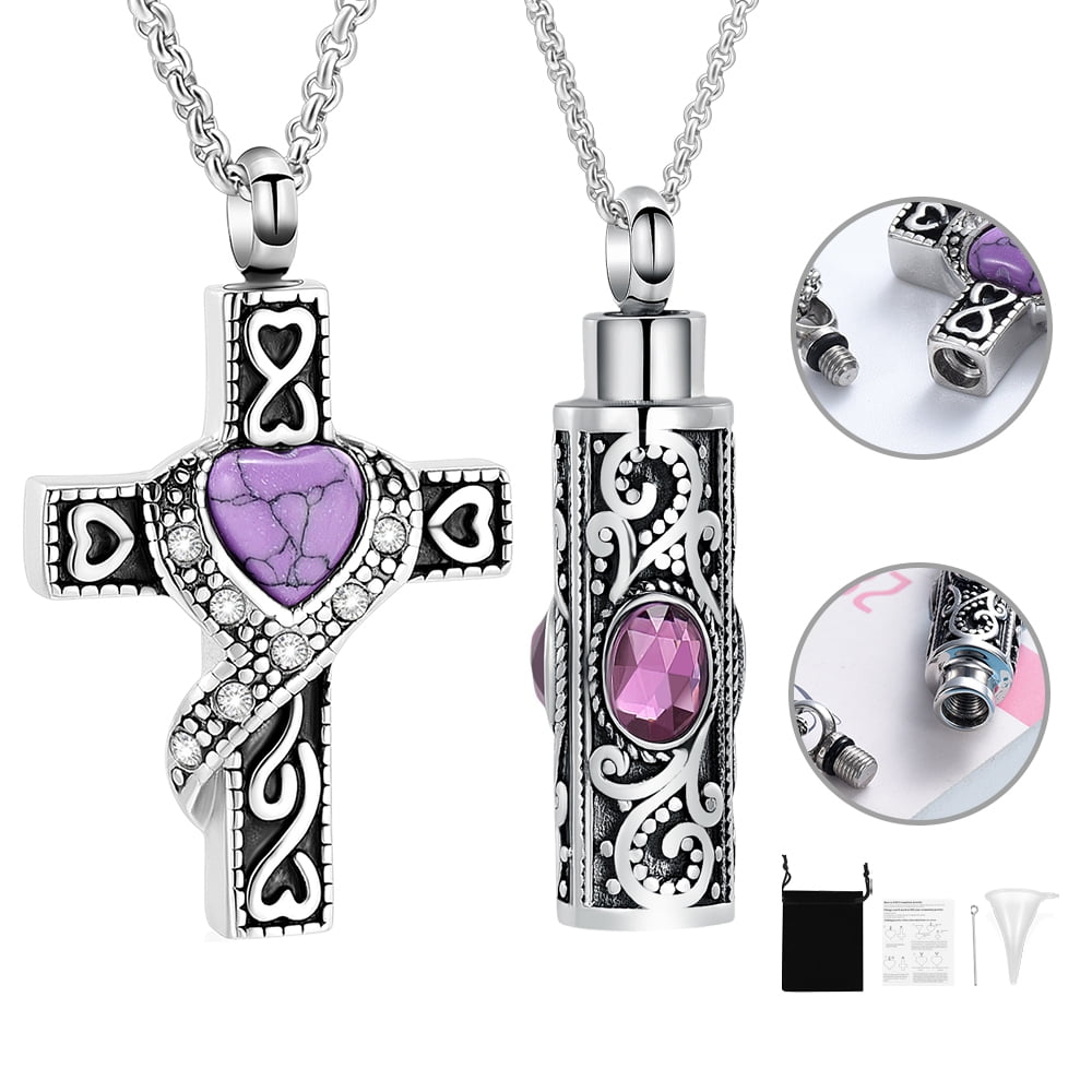 2 Pack Crystal Cremation Urn Jewelry Cylinder / Cross Memorial Ashes ...