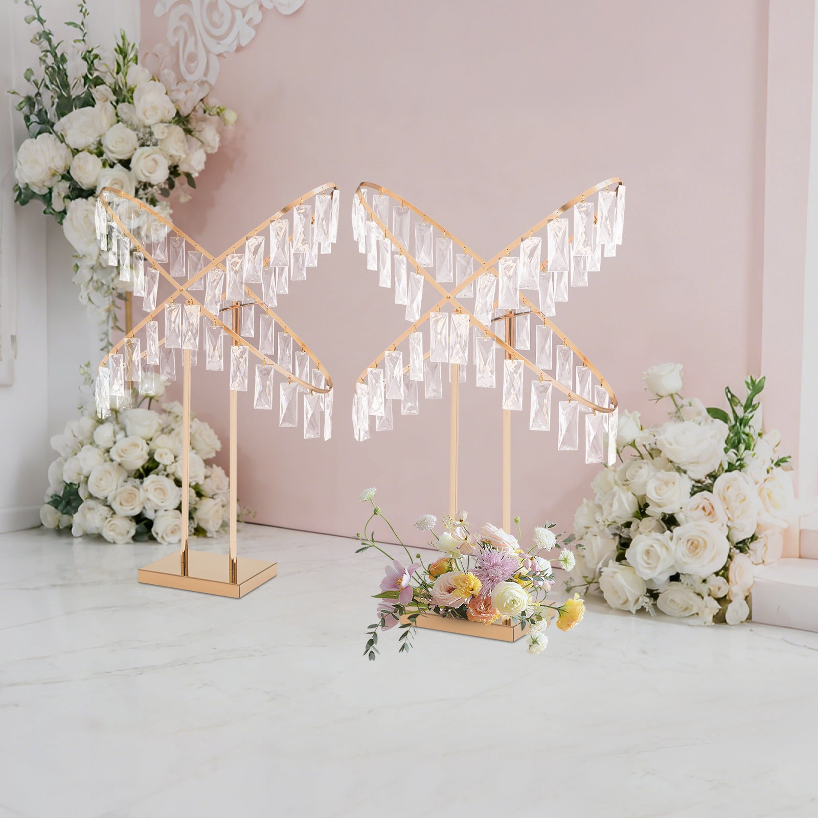 2-Pack Crystal Flower Stand, Gold X-Shaped Crystal Wedding Flower Stand ...