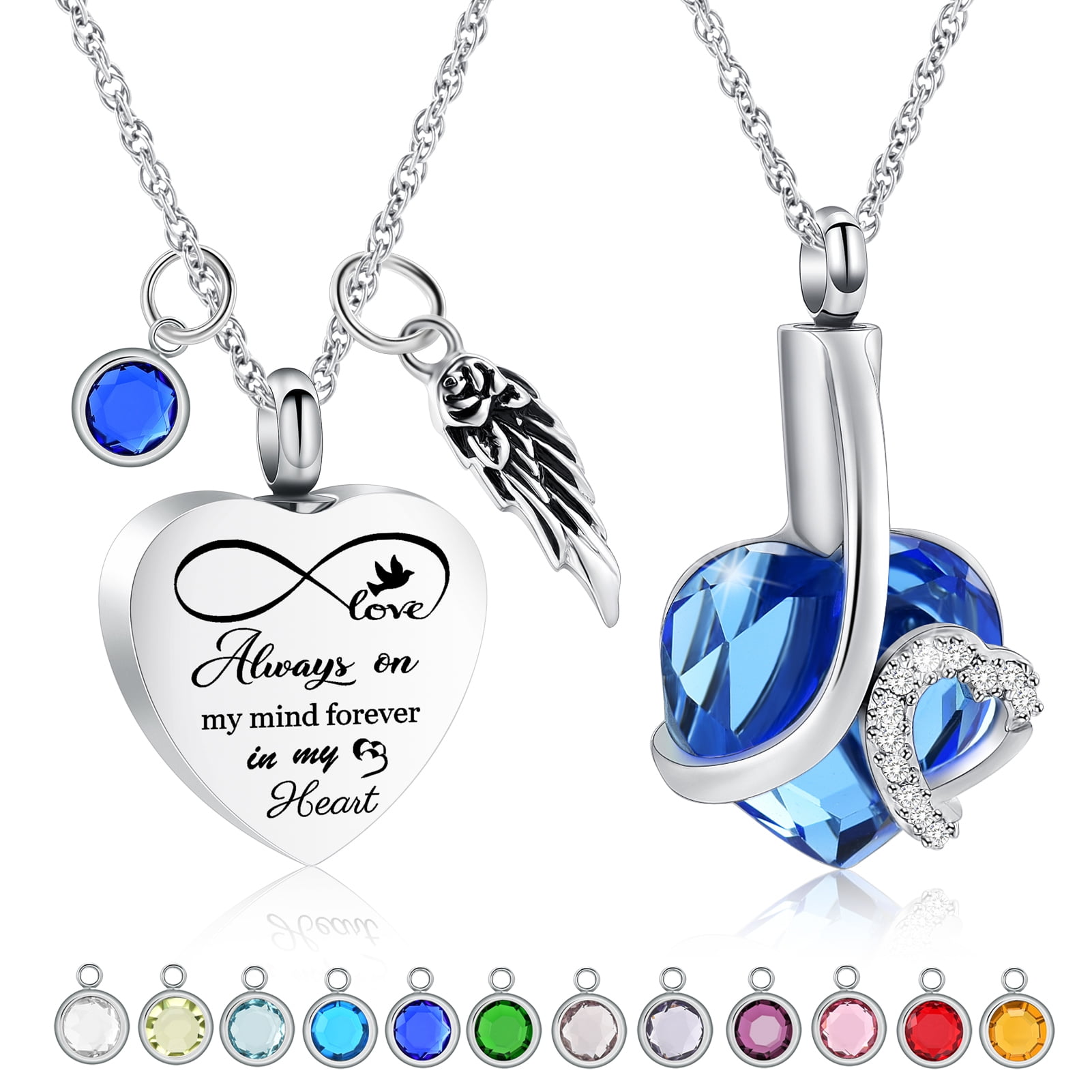 2 Pack Crystal Heart Urn Necklace for Ashes With 12 Birthstones ...