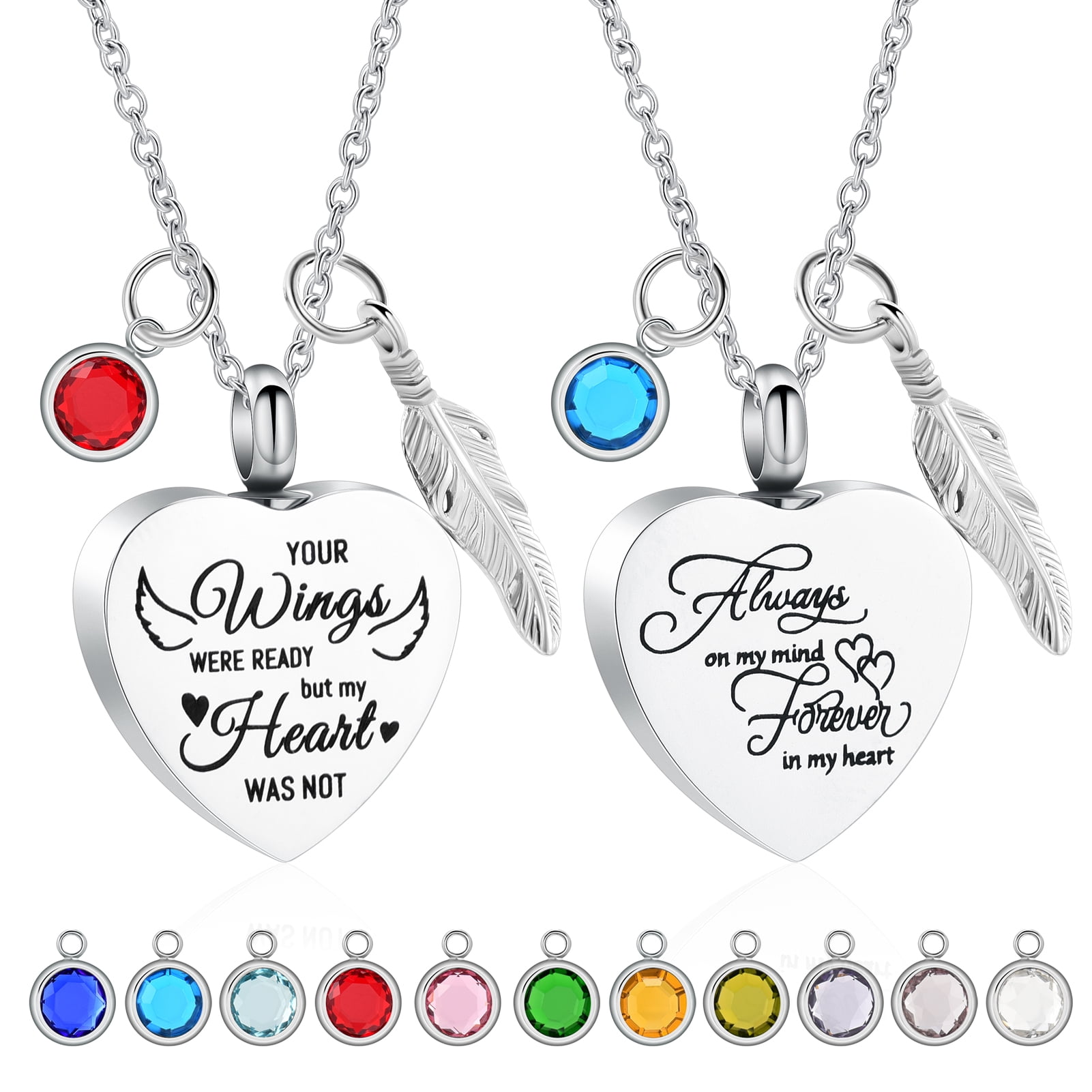 2 Pack Crystal Heart Urn Necklace for Ashes With 12 Birthstones ...