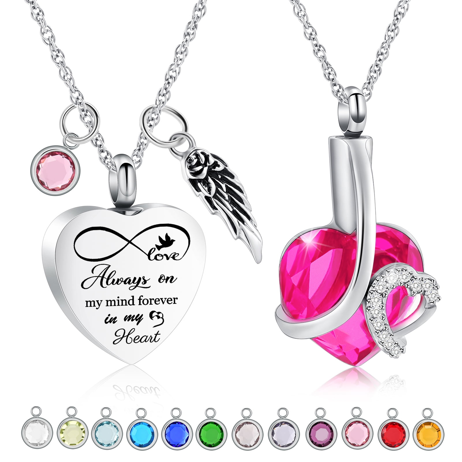 2 Pack Crystal Heart Urn Necklace for Ashes With 12 Birthstones ...