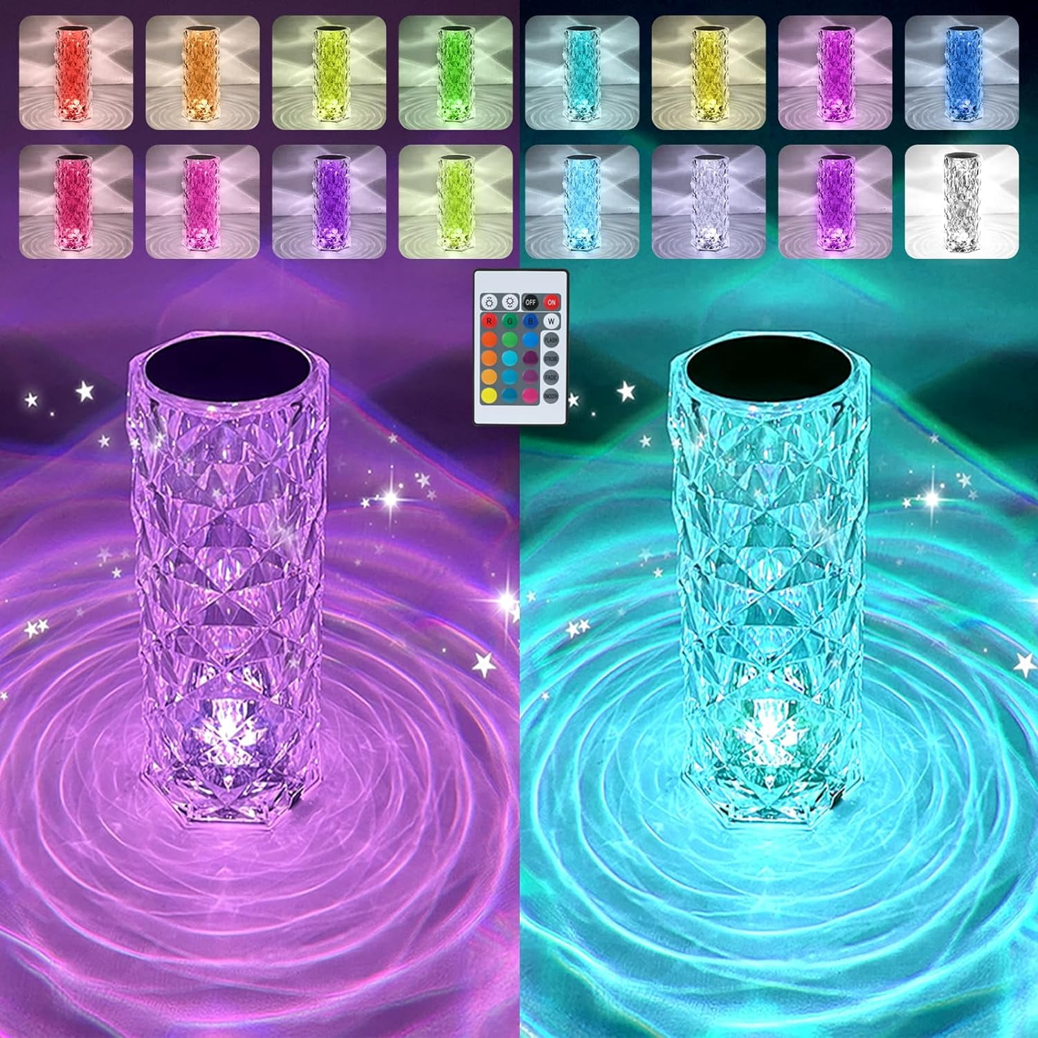 2 Pack Crystal Table Lamp, Remote and Touch Control Rose Wave Lamp, RGB ...