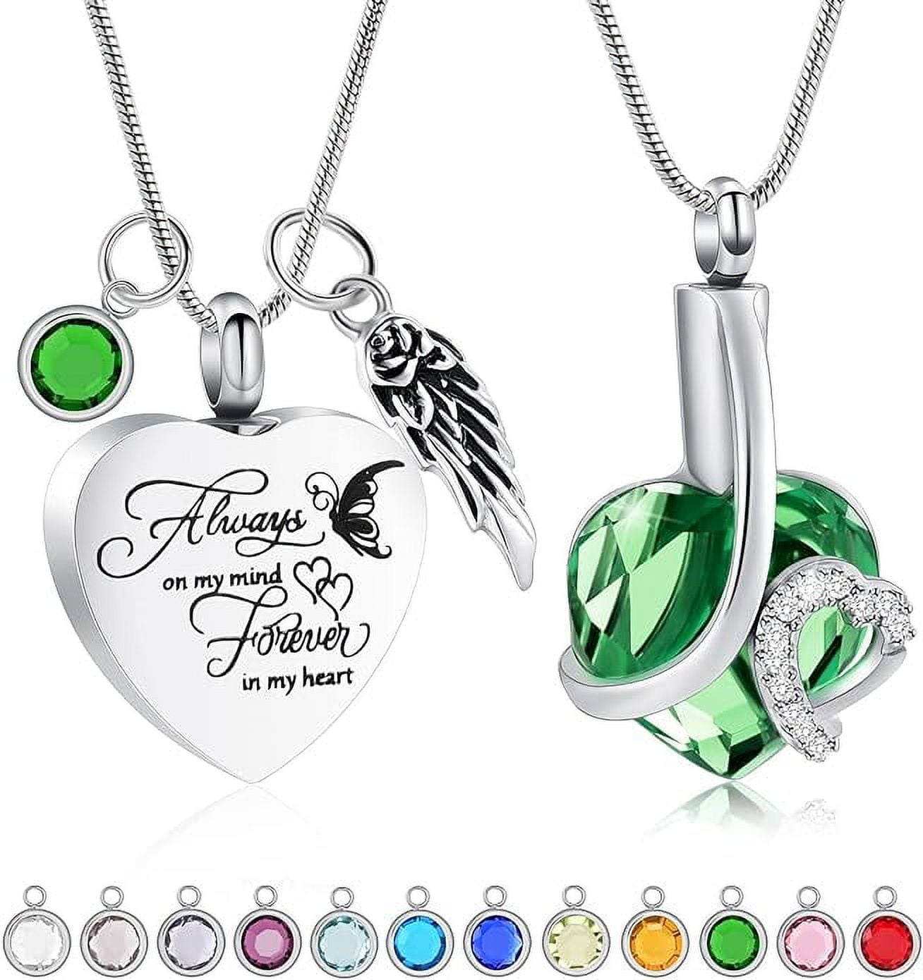 2 Pack Crystal Urn Necklace for Human Ashes Heart Birthstone Memorial ...