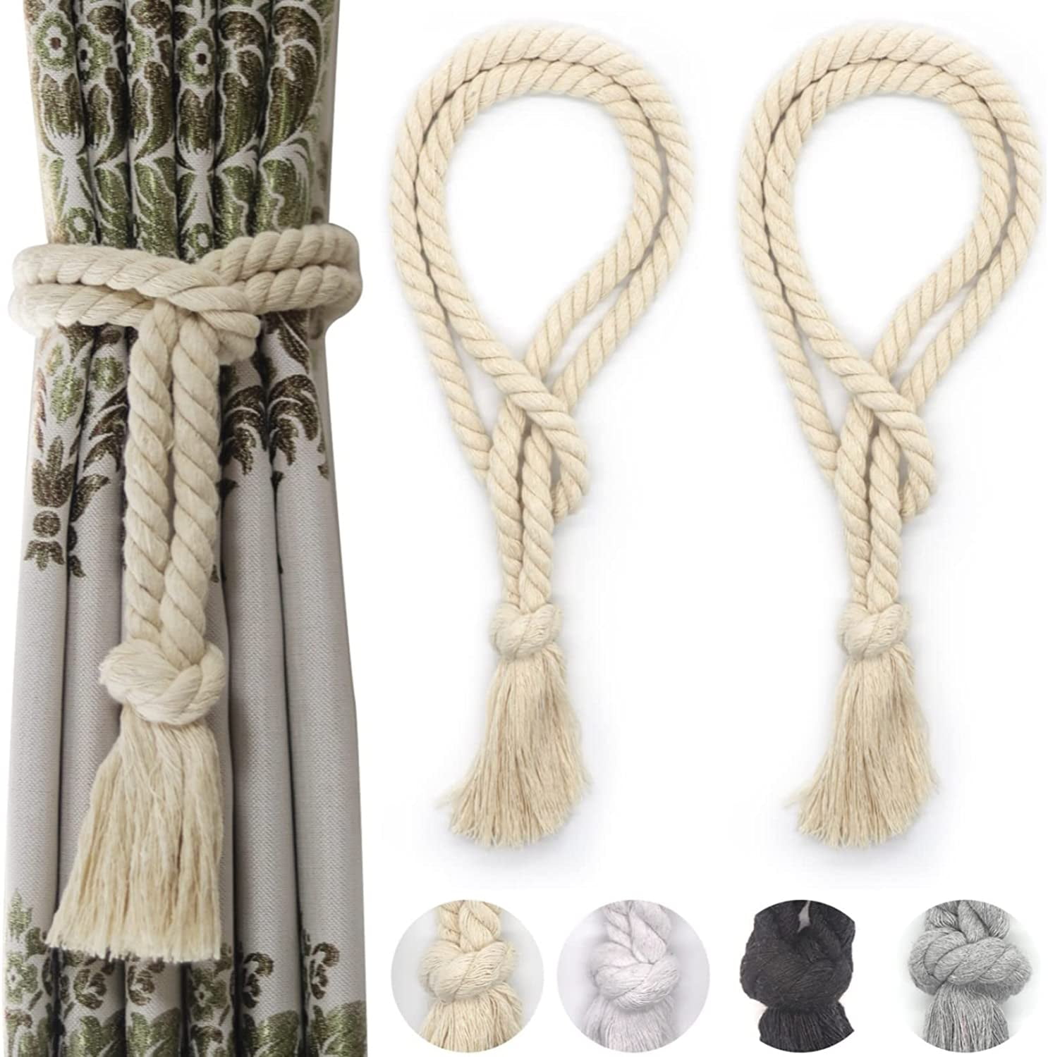 2 Pack Curtain Tiebacks Rope, Outdoor Curtain Tiebacks, Natural Cotton ...