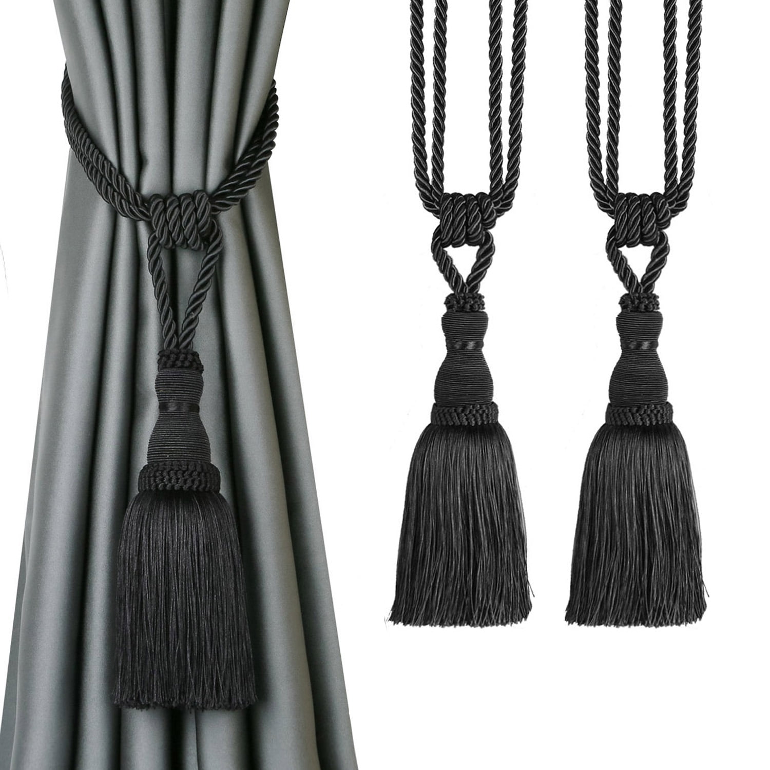 W E BEL AVENIR 2 Pack Black Polyester Tassel Rope Curtain Holdbacks ...