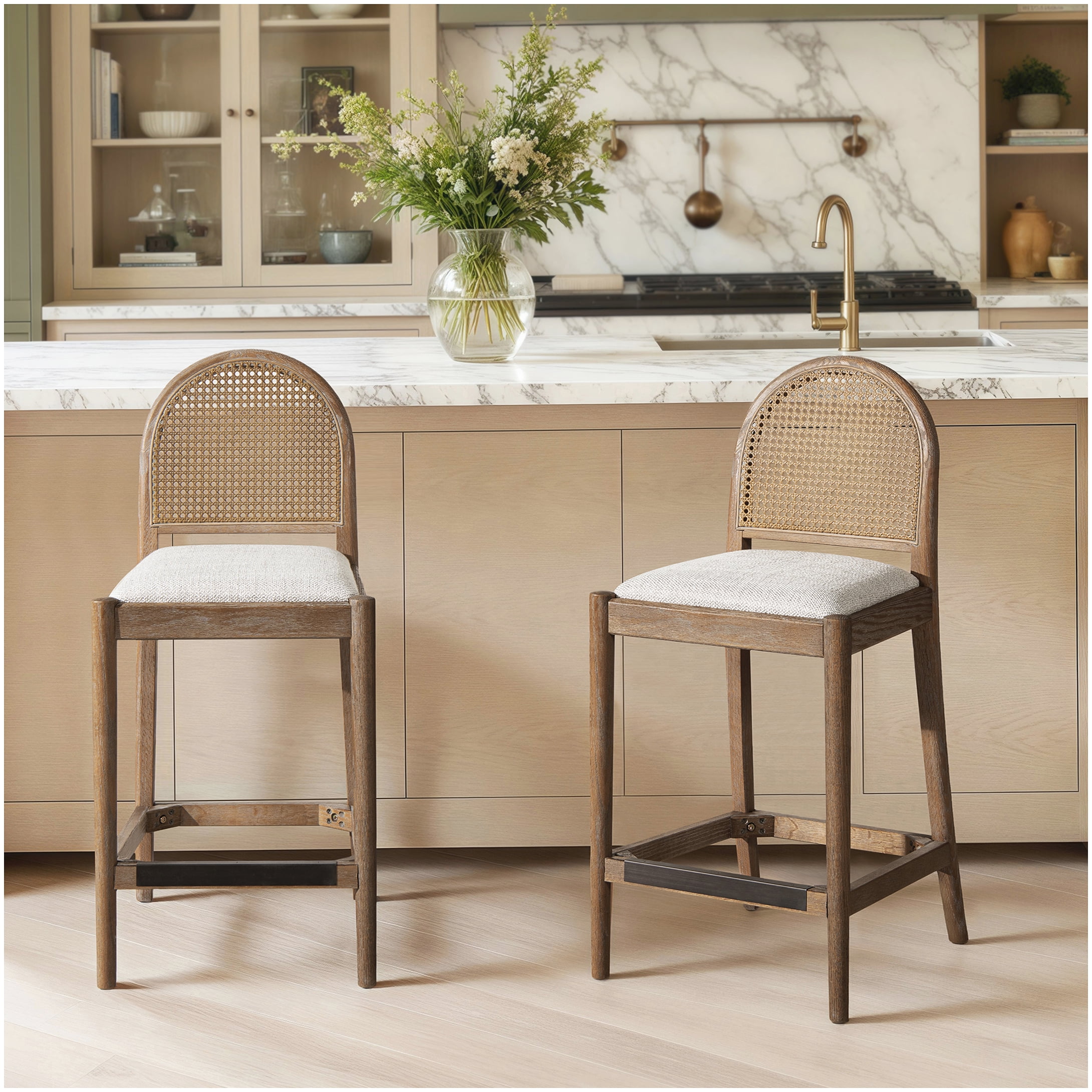 2-Pack Curved Back Cane Bar Stools, Neutral Gray Upholstered Counter ...