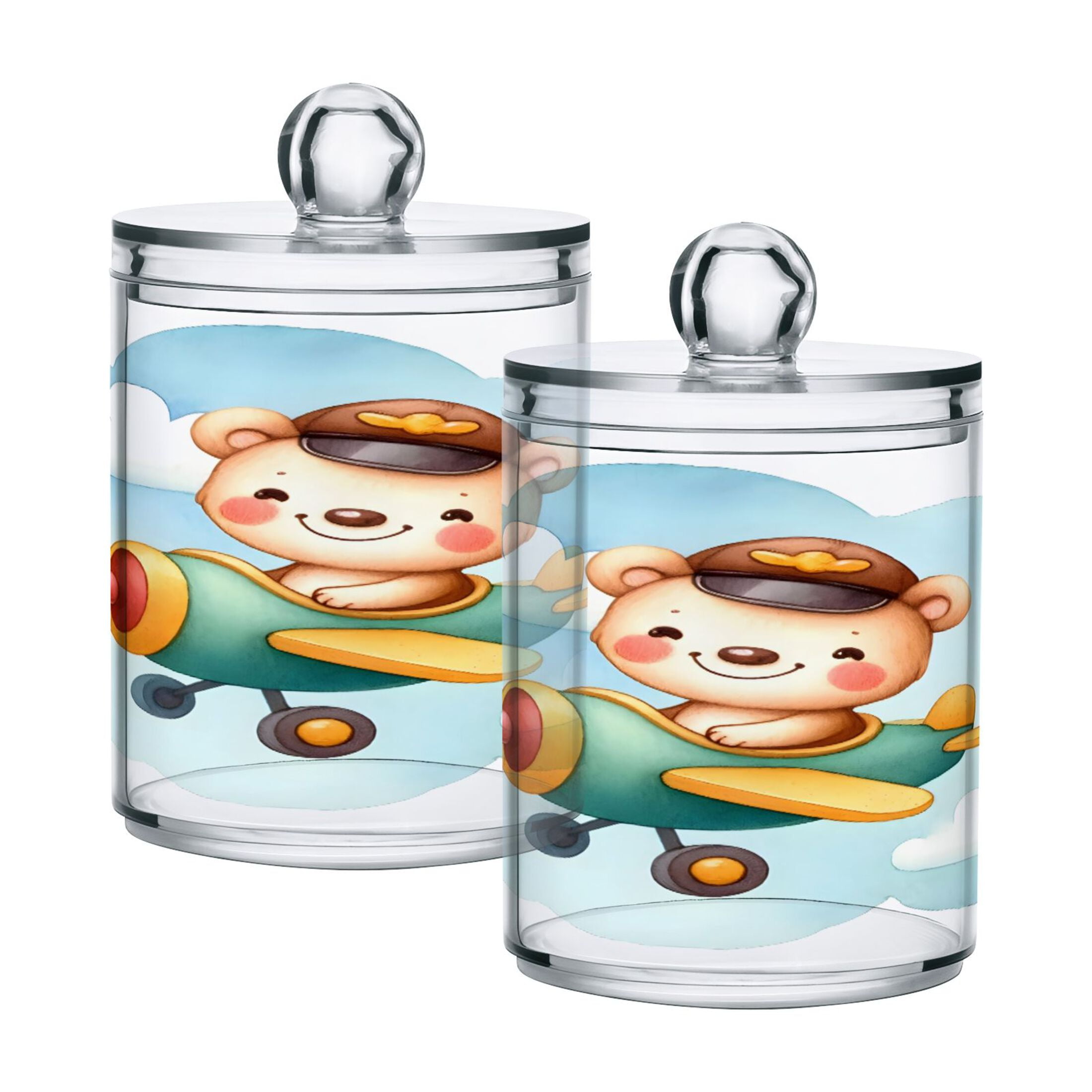 2 Pack Cute Bear in Airplane Qtip Holder Dispenser Clear Plastic ...
